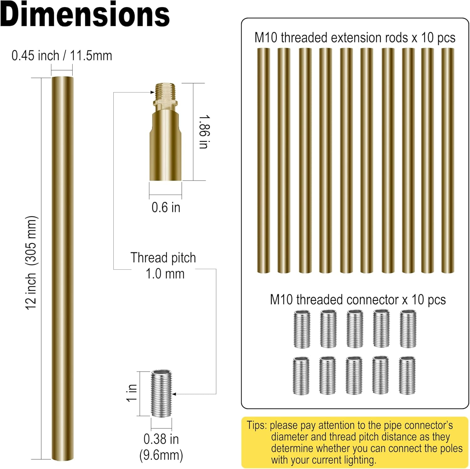 SHILIU-10 Pieces 12-inch Extension Poles M10 Threaded Lighting Fixture ...