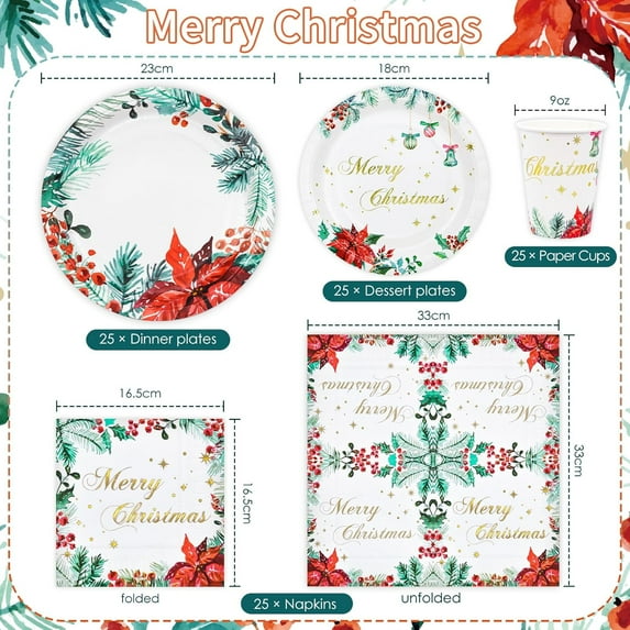 SHILIU-100 Christmas Party Paper Plates Napkins and Cups Set Poinsettia ...