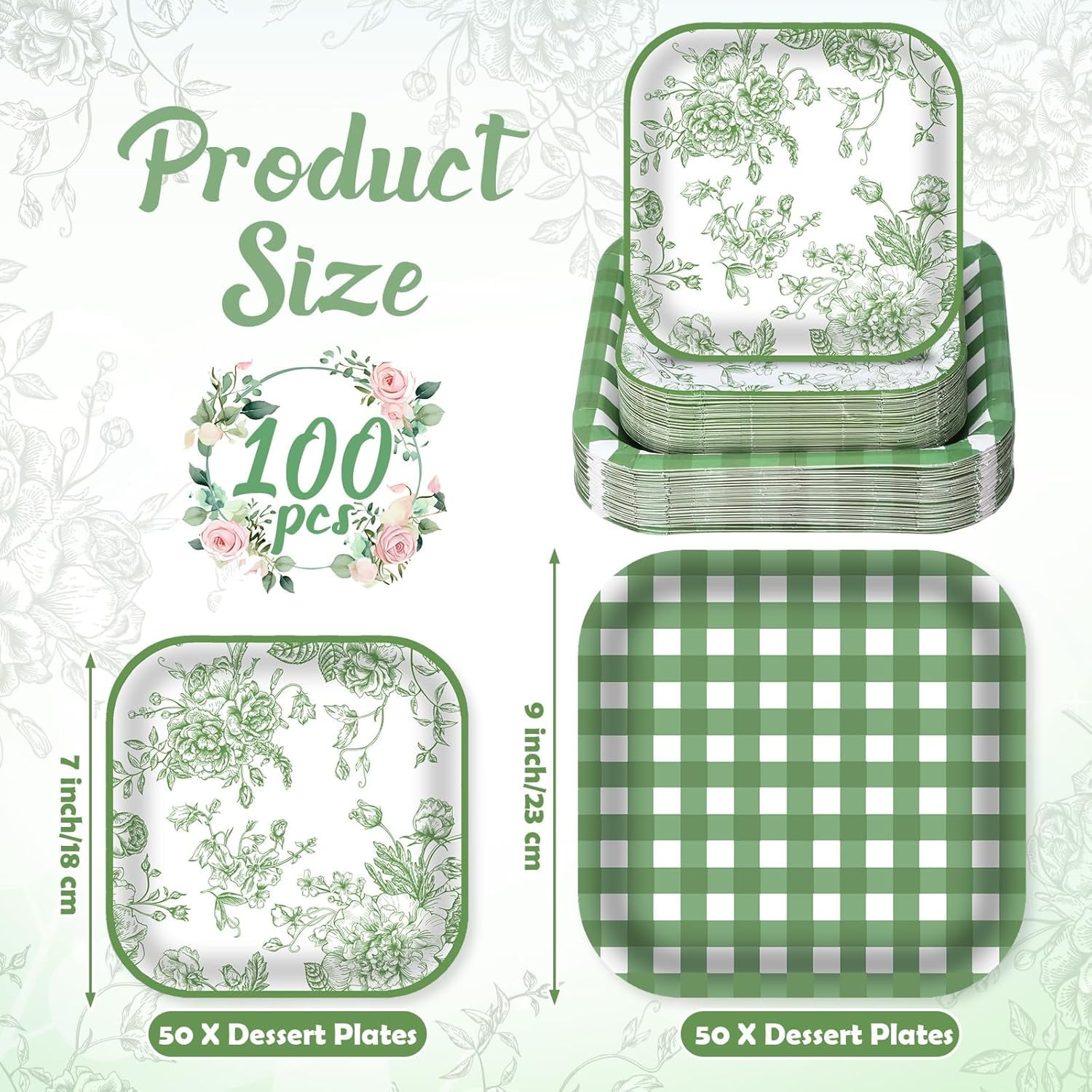 SHILIU-100 Pcs Green Flower Paper Plates Set, 7 in 9 in Sage Green ...