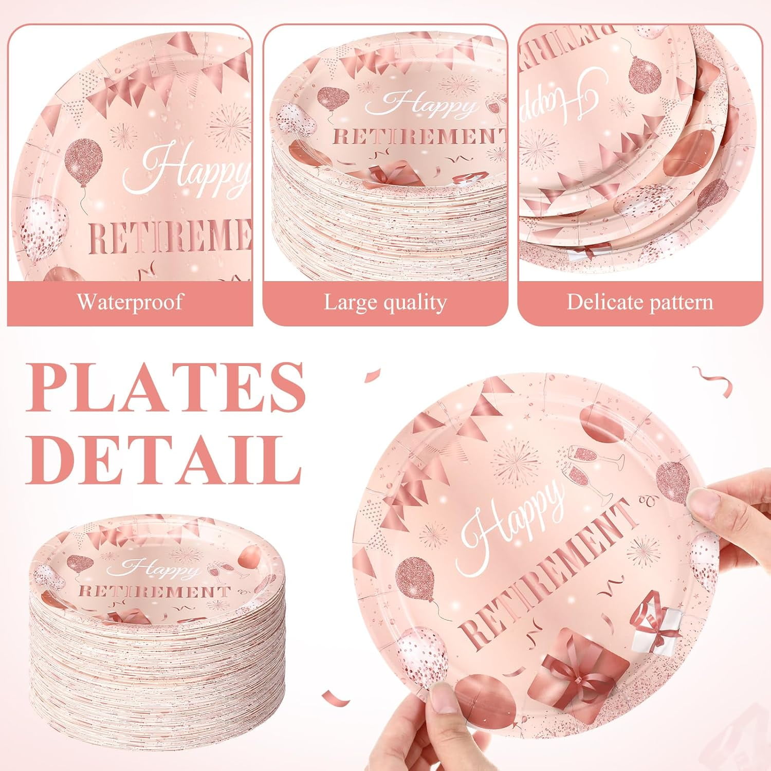 SHILIU-100 Pcs Retirement Paper Plates Rose Gold Happy Retirement Party ...