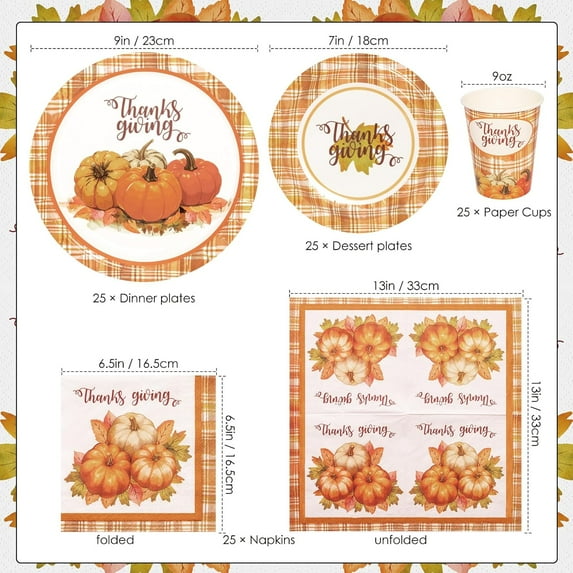 SHILIU-100 Thanksgiving Pumpkin Paper Plates, Napkins Cups Dinnerware ...