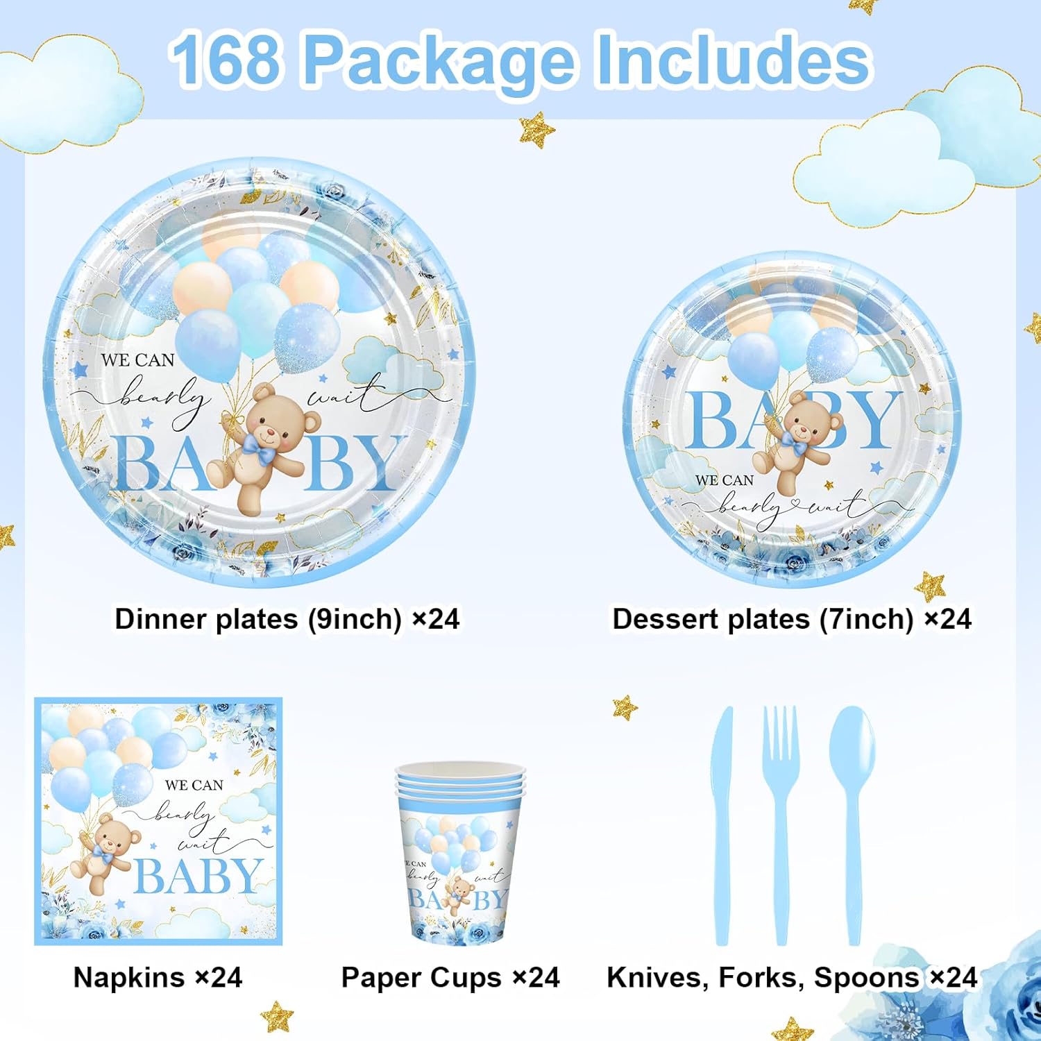 SHILIU-168 PCS Bear Baby Shower Decorations Blue Bear Plates Napkins ...