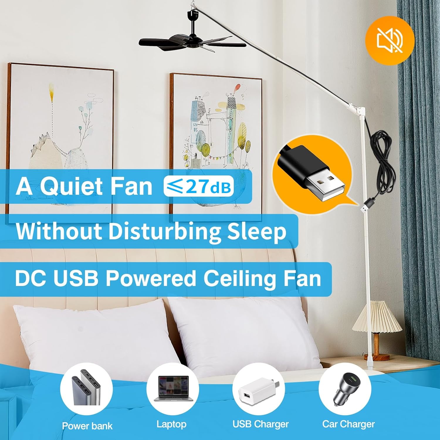SHILIU-17.7" Inch Small Portable Ceiling Fan with ON/OFF switch, USB ...