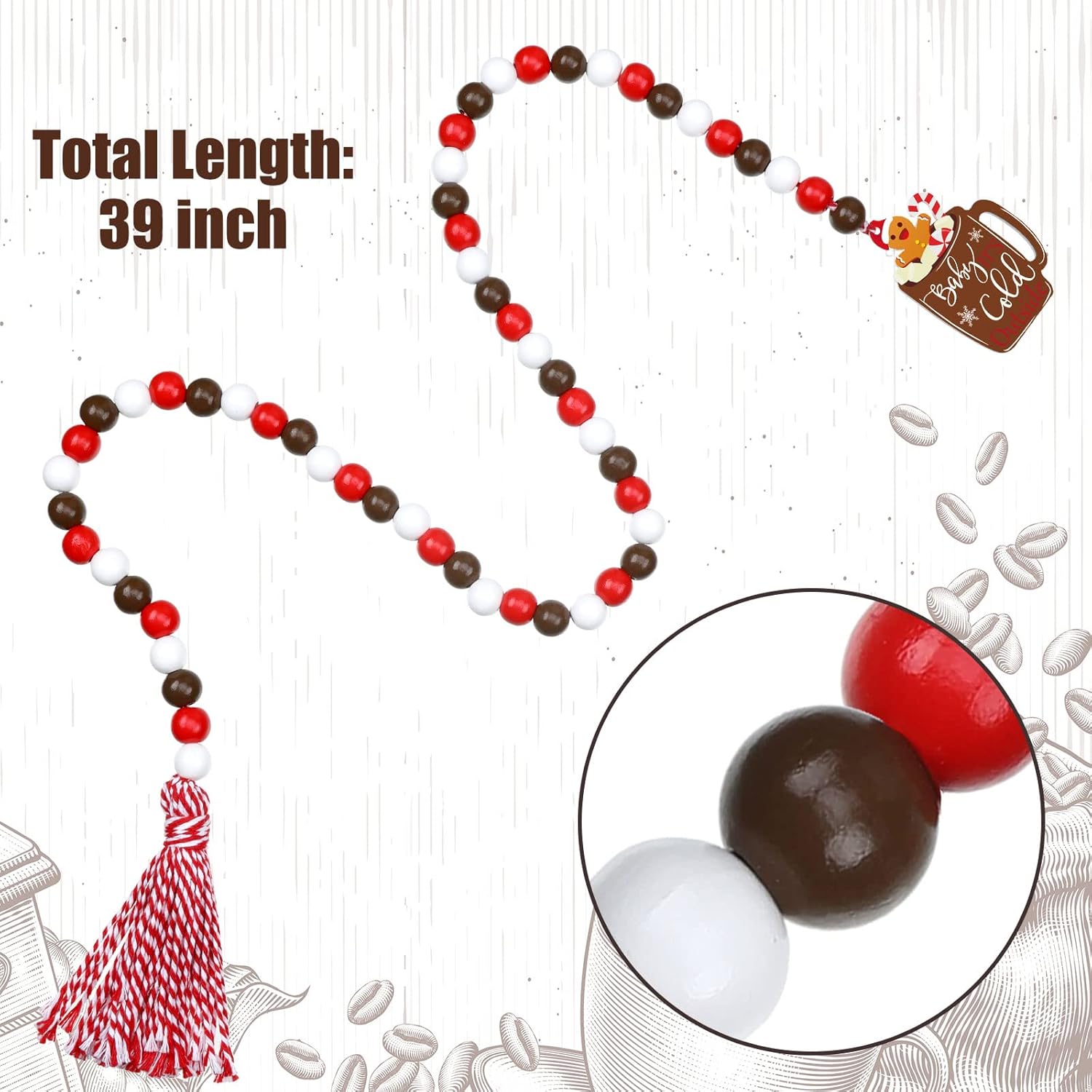SHILIU-2 Pieces Christmas Wood Bead Garland Christmas Hot Cocoa Tiered ...