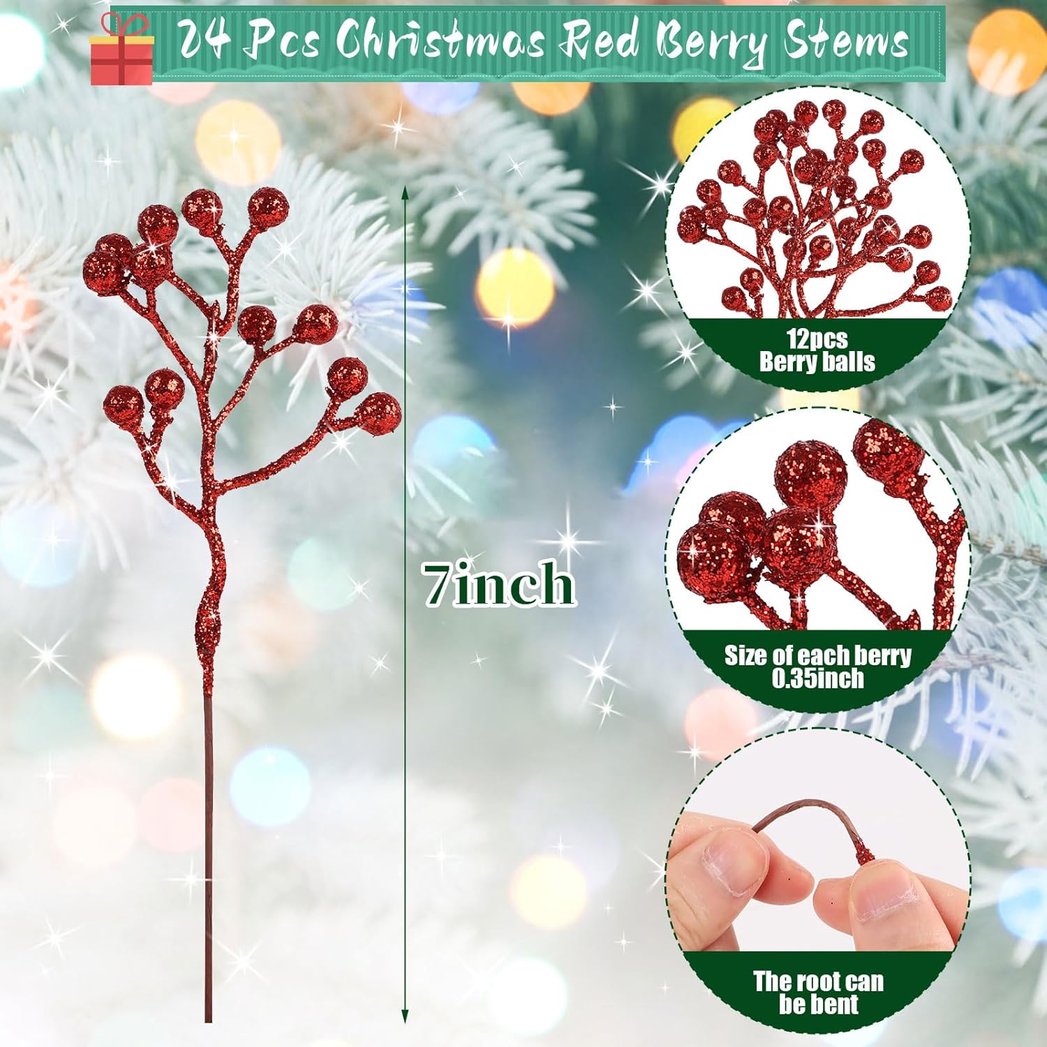 SHILIU-24 Pack Christmas Artificial Red Berry Stems,6.9 Inch Xmas Red ...