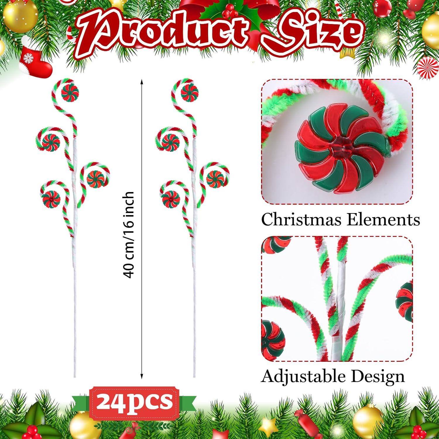 SHILIU-24 Pcs Red Green Candy Cane Christmas Picks 16" Large Furry ...