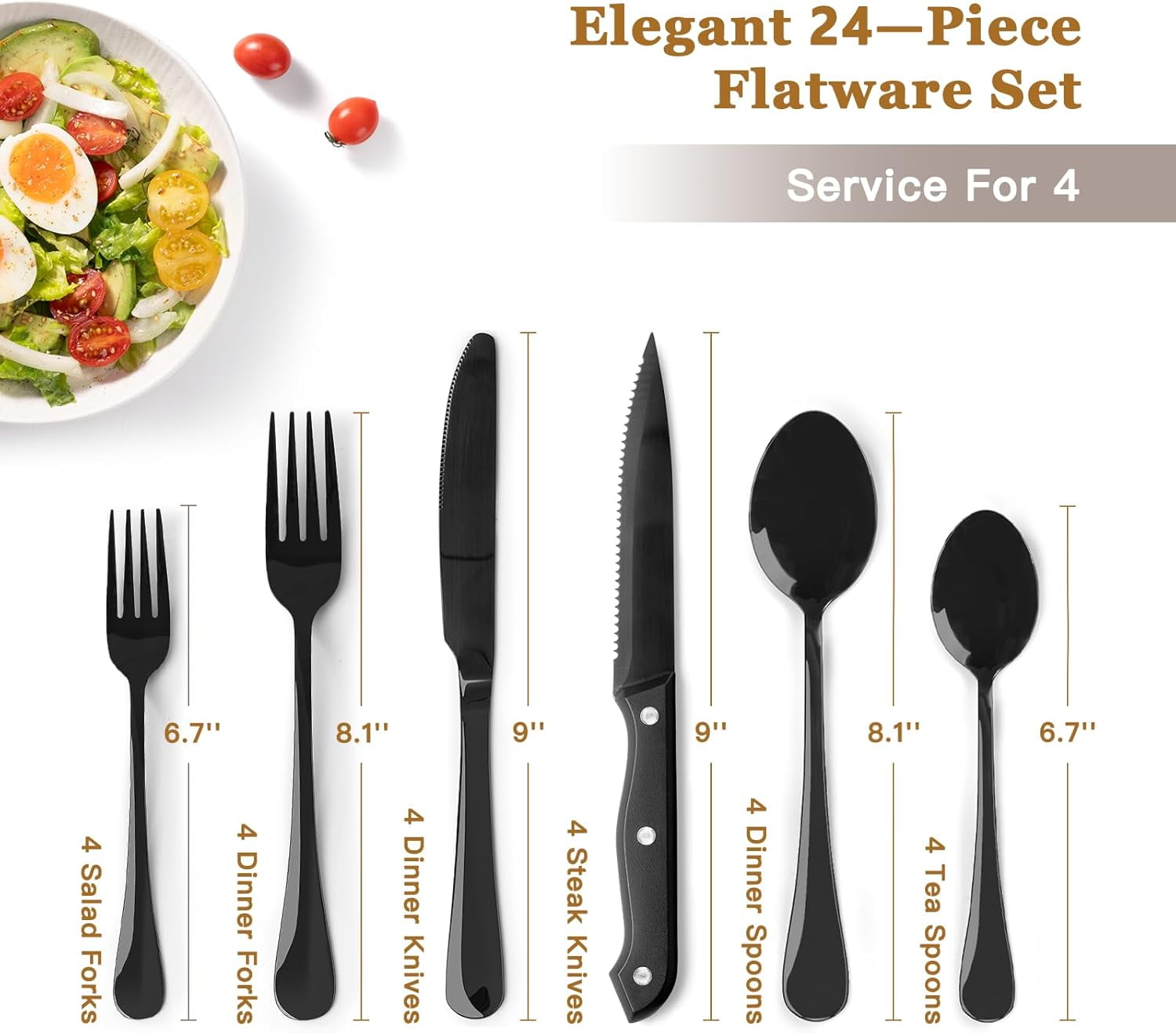 SHILIU-24-Piece Black Silverware Set with Steak Knives Flatware Set for ...