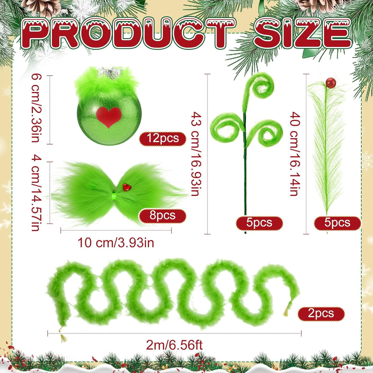 SHILIU-32 Pcs Red Lime Green Furry Christmas Tree Ornament Set Include ...