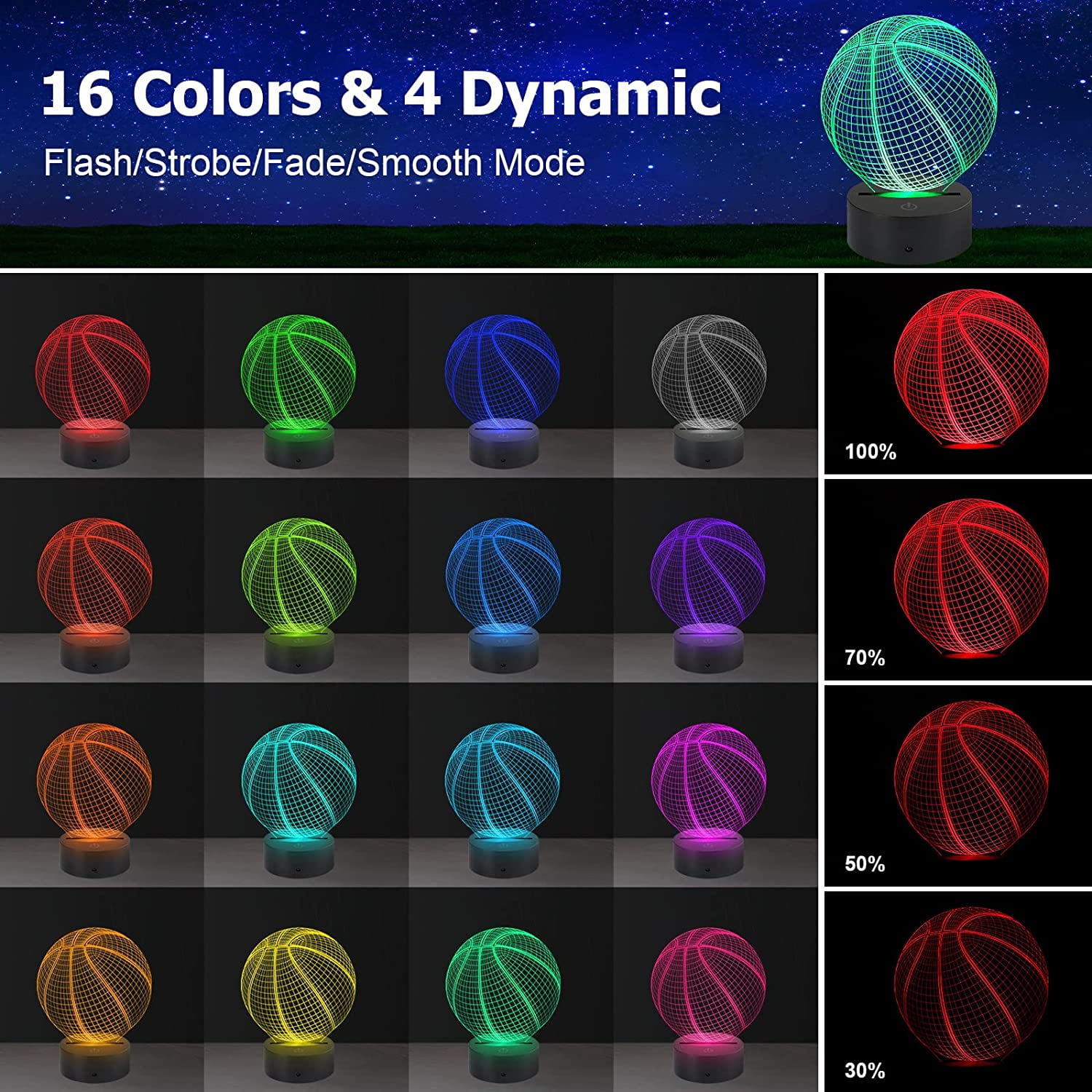 SHILIU-3D Illusion Lamp Basketball Lamp Decor 16Colors Changing Basketball Shape Night Light ...