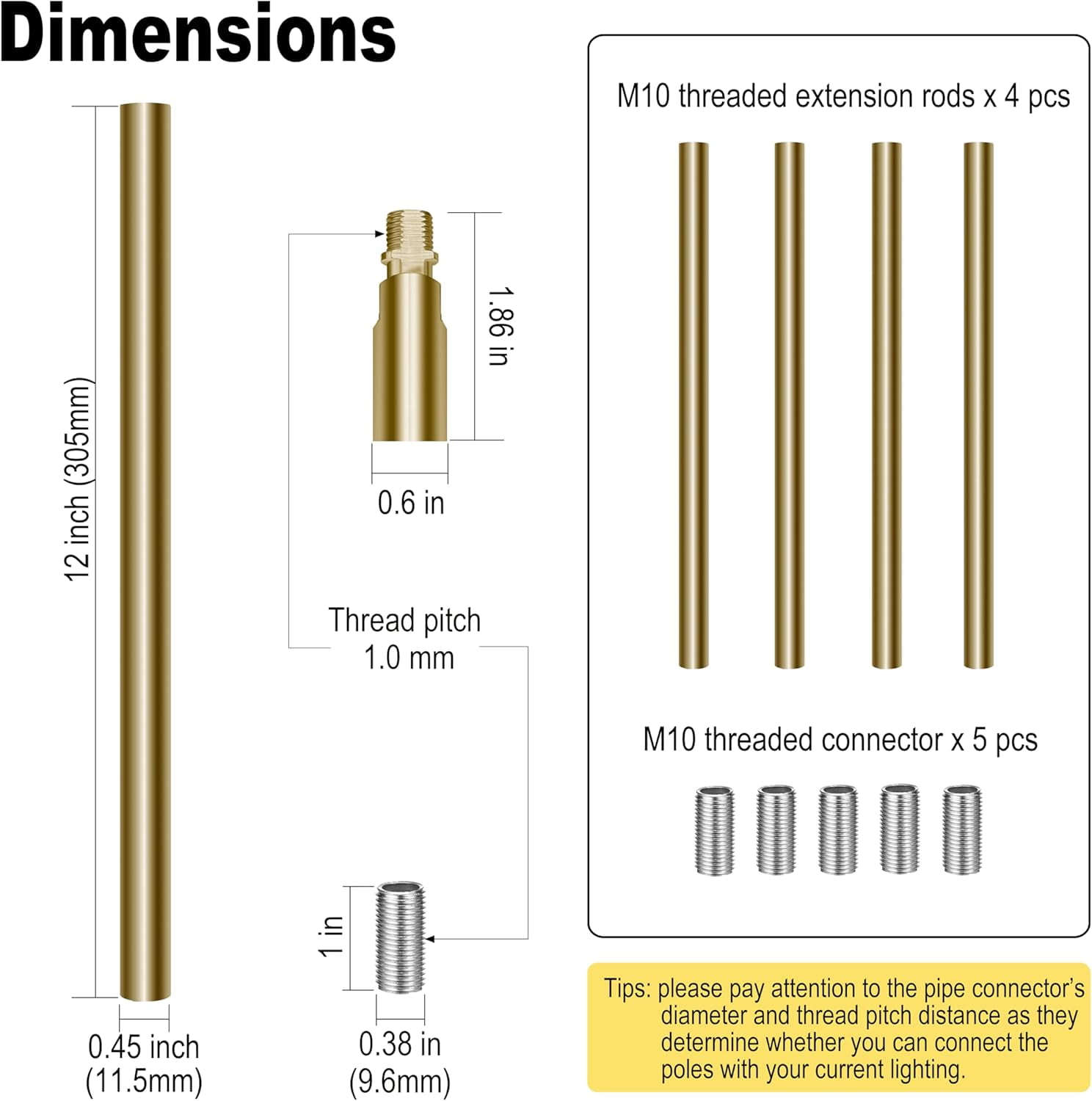 SHILIU-4 Pieces 12-inch M10 Threaded Extension Poles Lighting Fixture ...