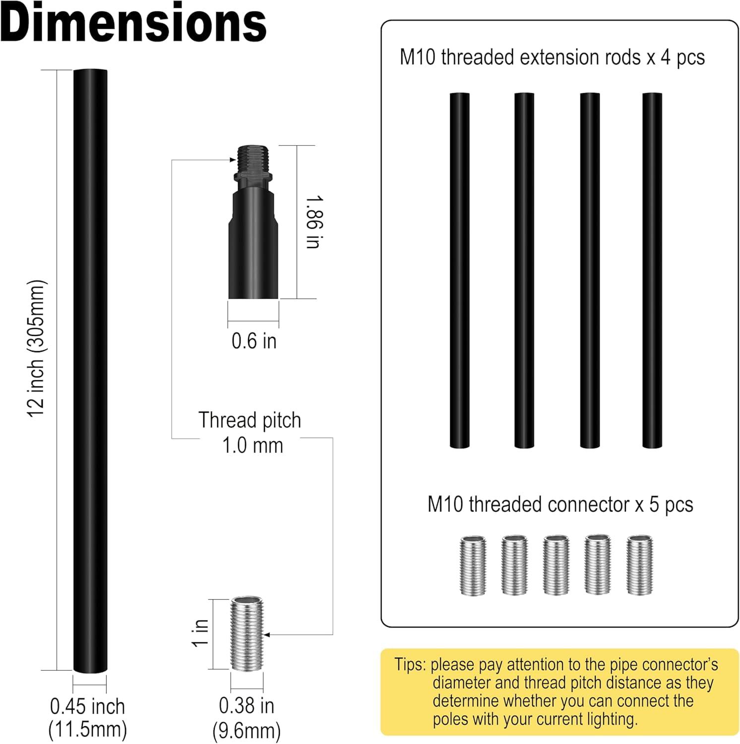 SHILIU-4 Pieces 12-inch M10 Threaded Extension Poles Lighting Fixture ...