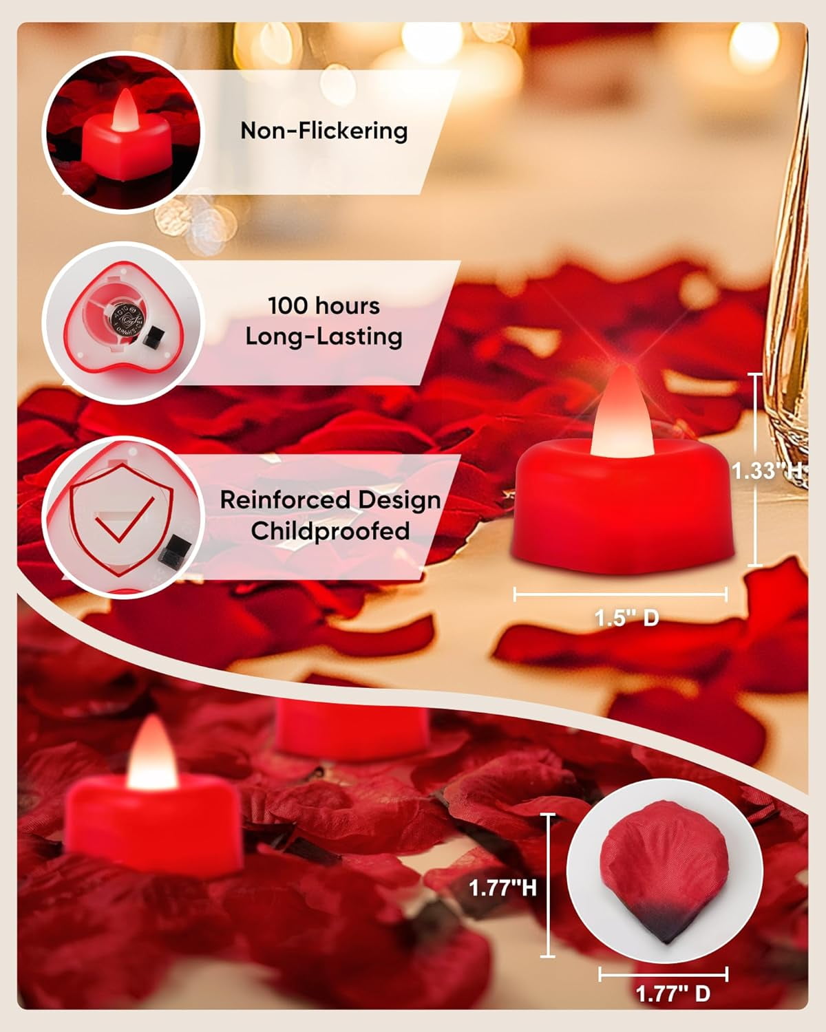 SHILIU-4000 Pieces Red Artificial Rose Petals with 50 Red Heart LED Tea ...