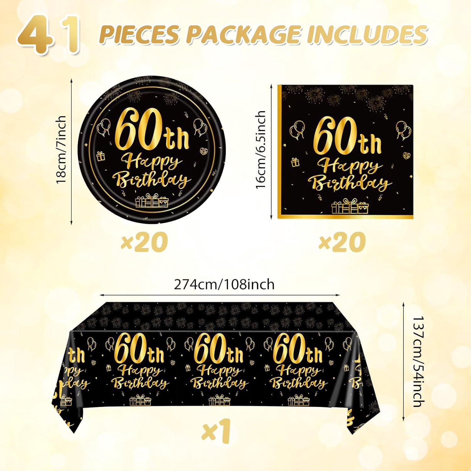 SHILIU-41Pcs 60th Birthday Party Decorations for Men Women, Black Gold ...