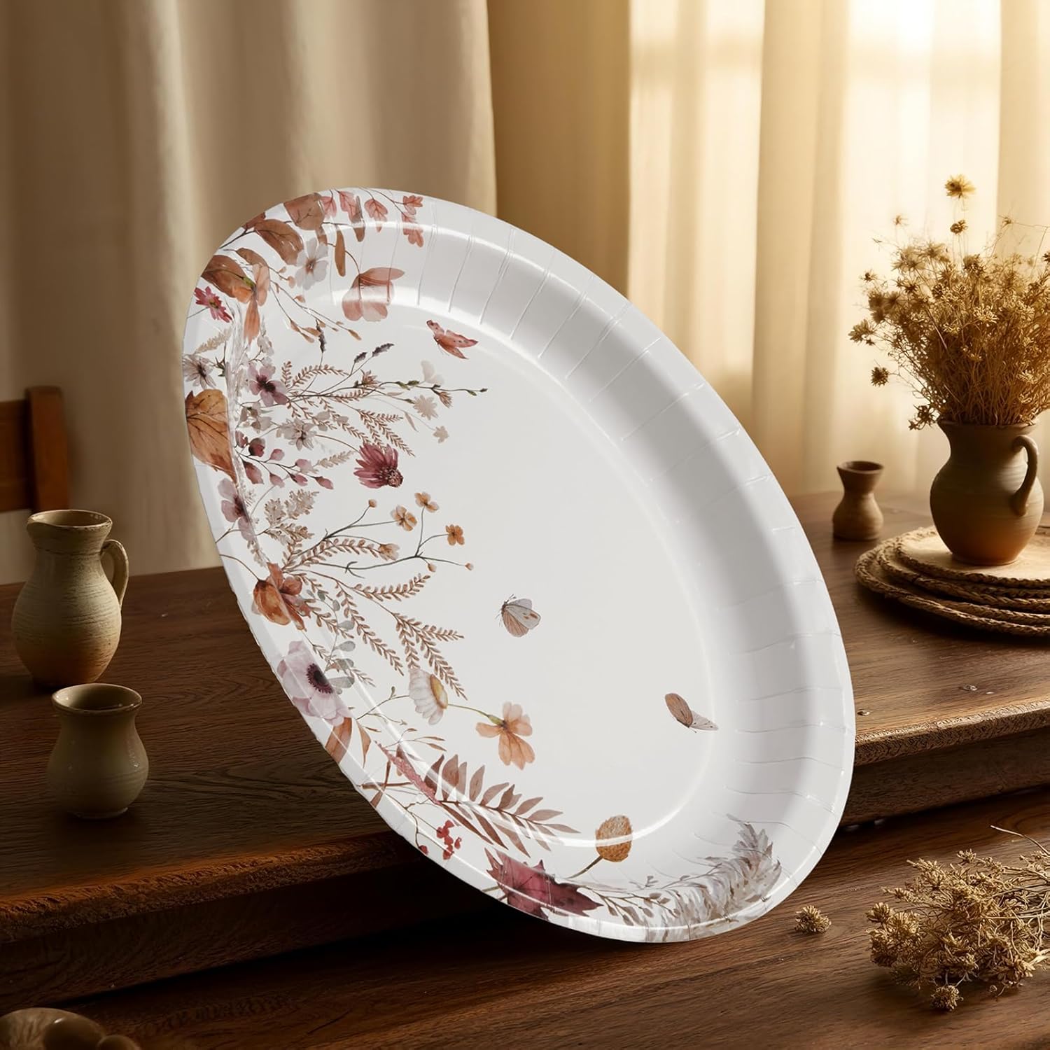 SHILIU-50 Count Vintage Wild Floral Oval Paper Plates, 10" x 12.5 ...