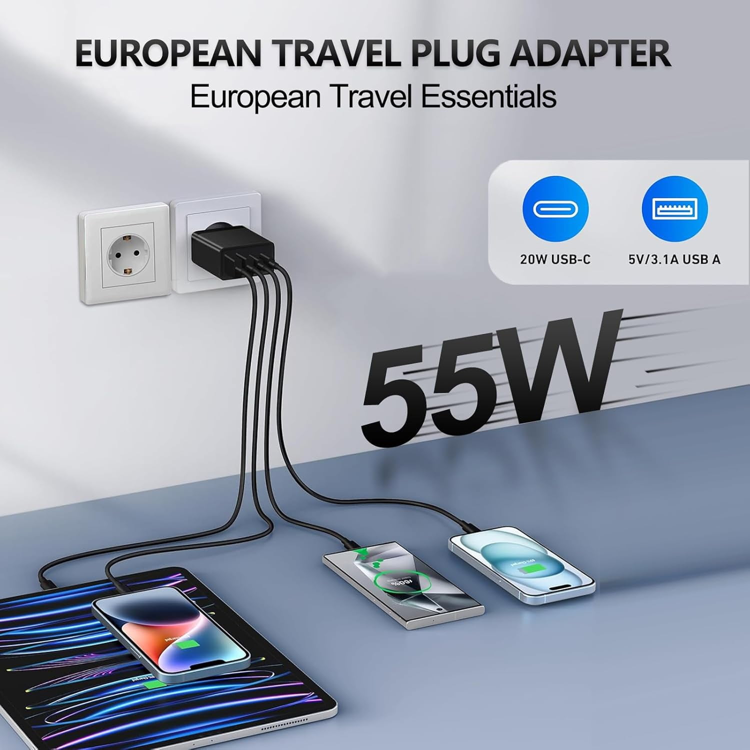 SHILIU-55W European Travel Plug Adapter 2 Pack, European USB C Charger ...