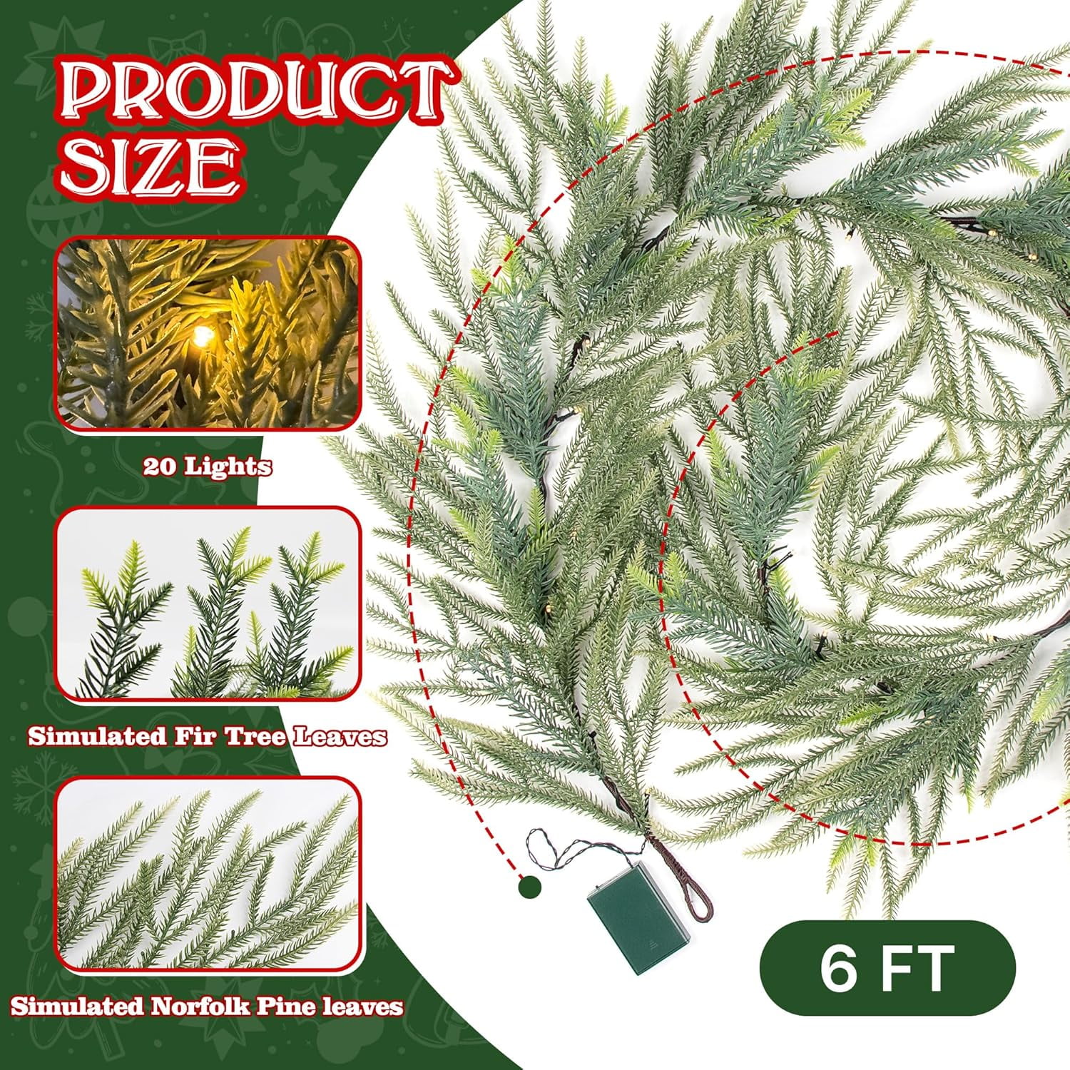 SHILIU-6 FT Artificial Christmas Norfolk Pine Garland, Real Touch Pine ...