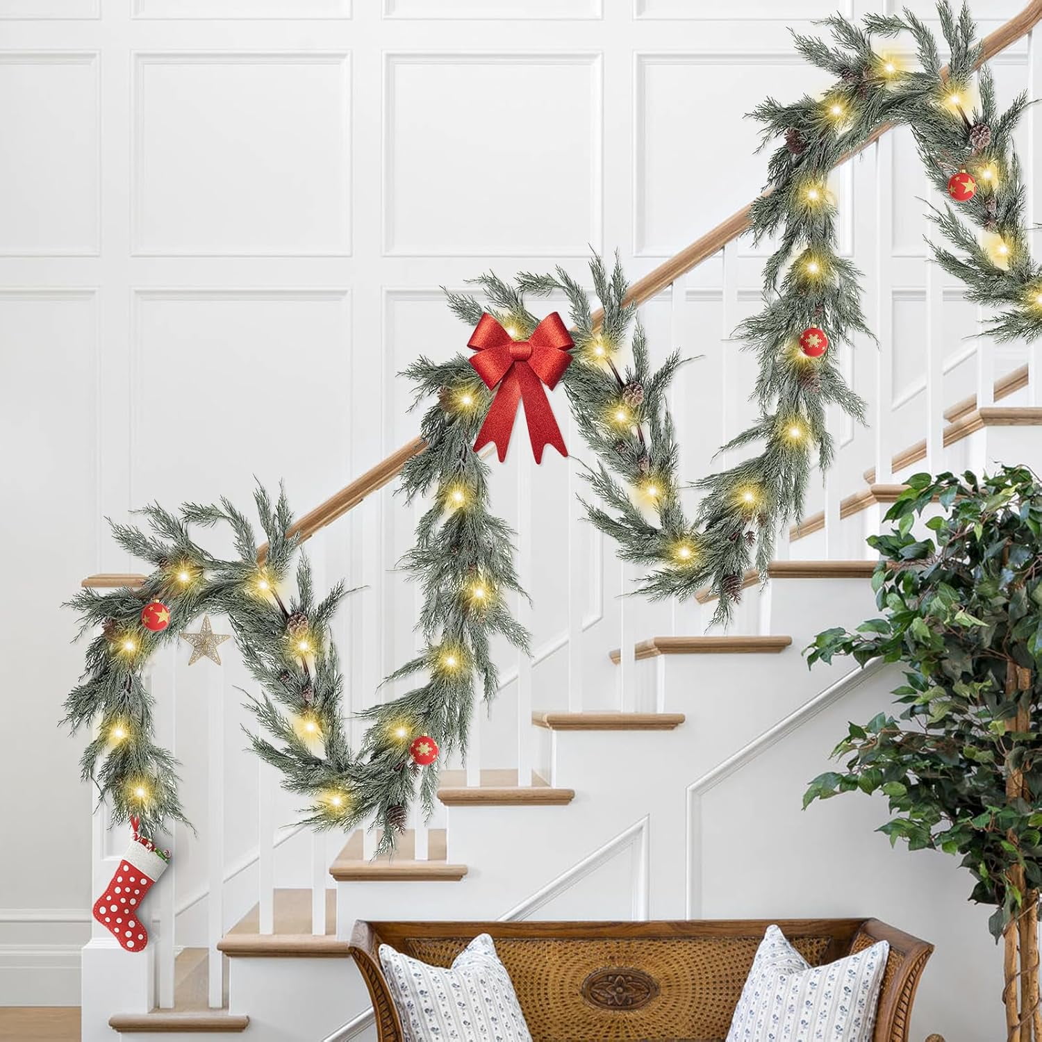 SHILIU-6 Ft Realistic Christmas Garland with Lights, 30 Warm Lights ...