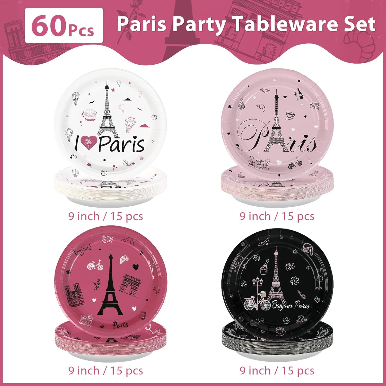 SHILIU-60 PCS Paris Party Decorations 9" Four Patterns Eiffel Tower ...