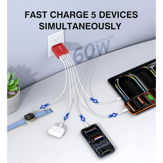 SHILIU-60W USB C Wall Charger, 2Pack 5-Port C Charger Fast Charging ...