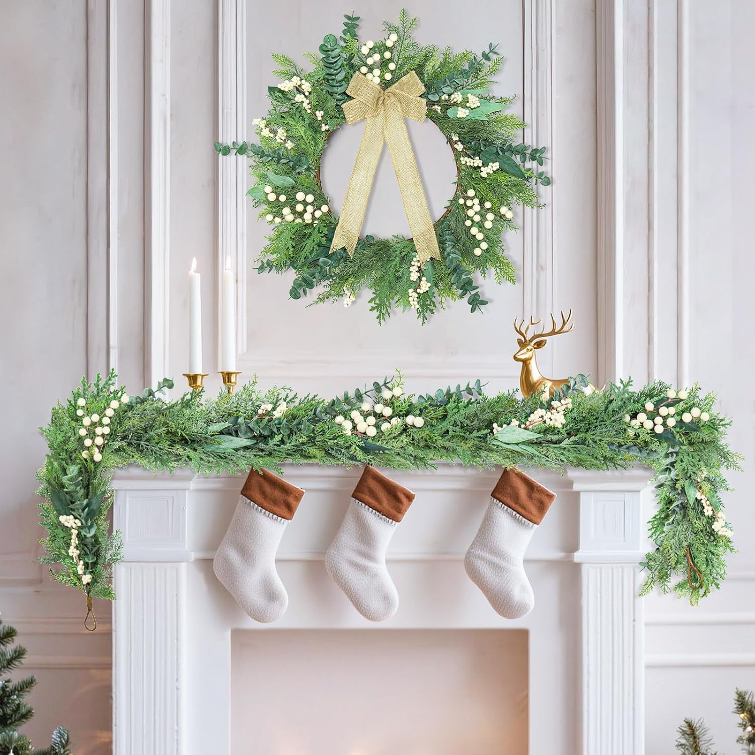 SHILIU-6FT Christmas Garland Real Touch Cedar Eucalyptus White Berry ...