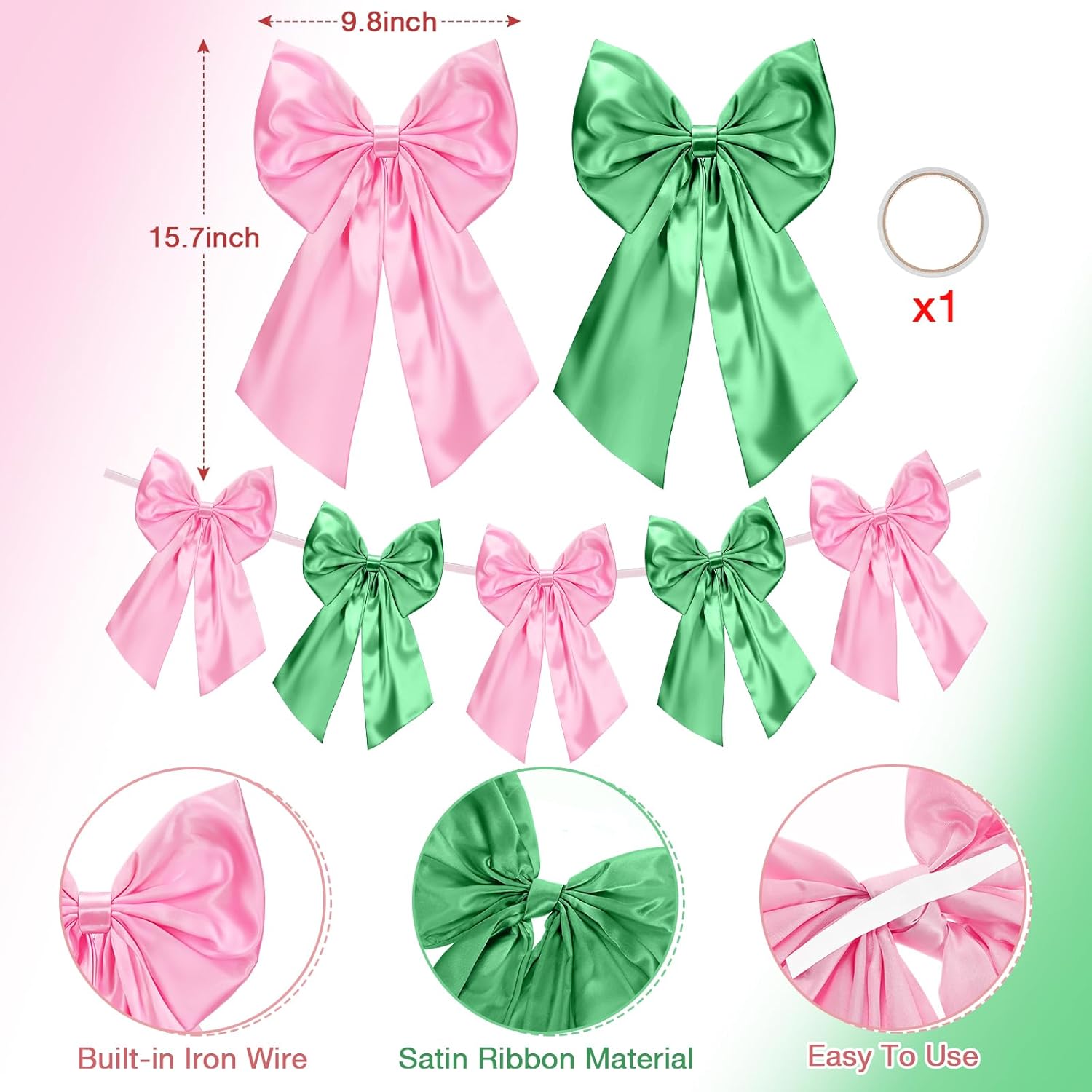 SHILIU-6ft Large Christmas Bow Garland Pink Green Pre-Strung Garland ...