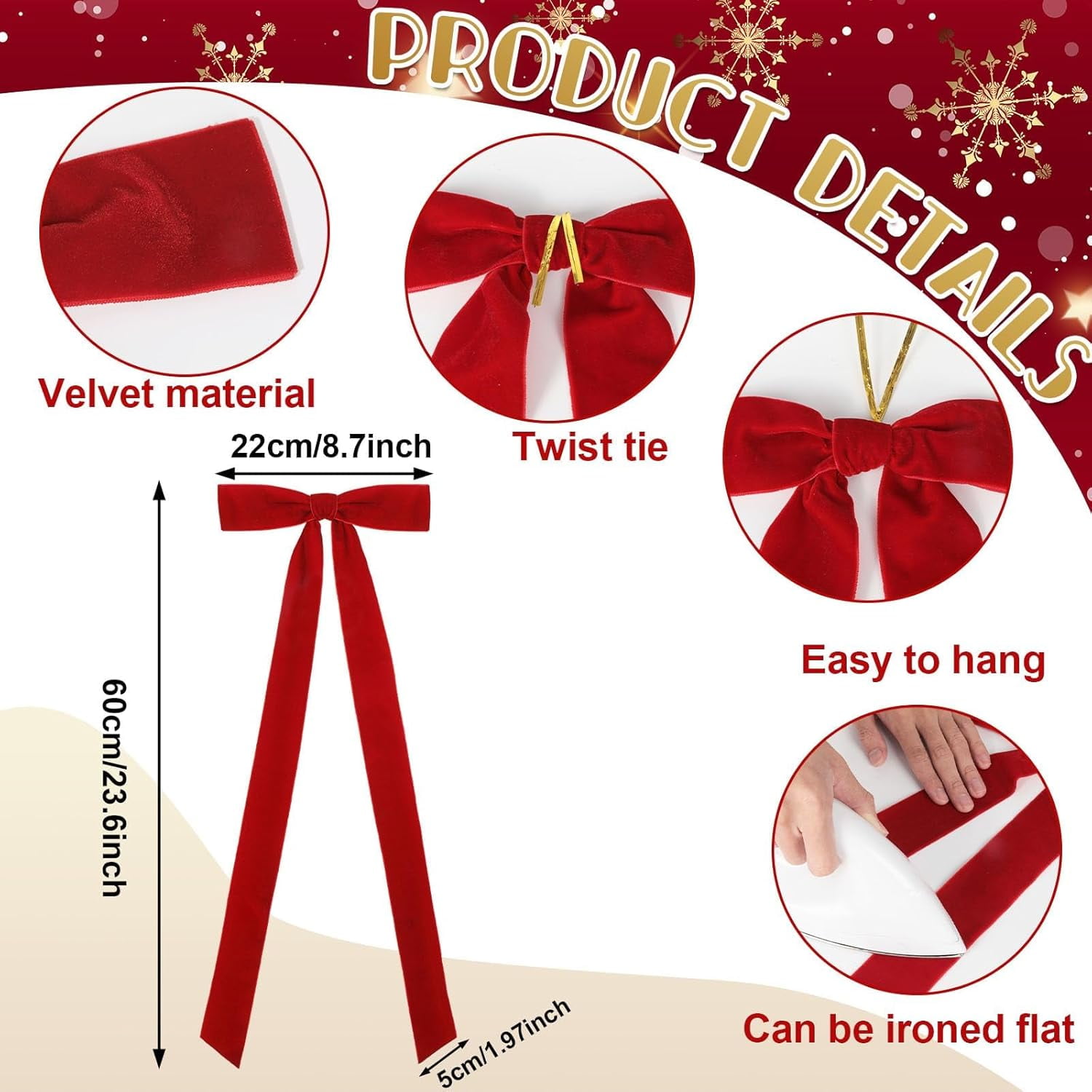 SHILIU-8 PCS Red Large Velvet Bows for Christmas Tree 23.6 x 8.7 Inch ...