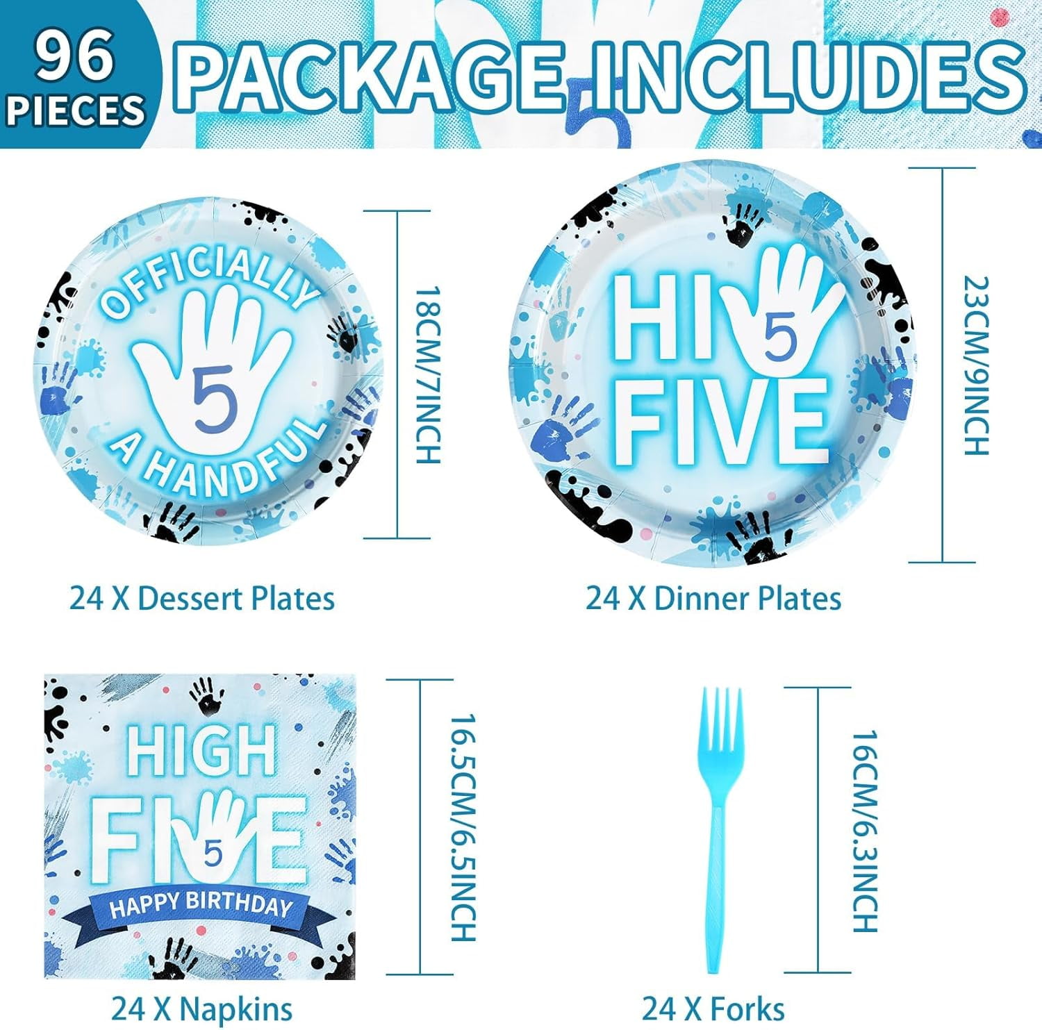 SHILIU-96Pcs Hi Five Party Decorations Blue High 5 Year Old Plates And ...