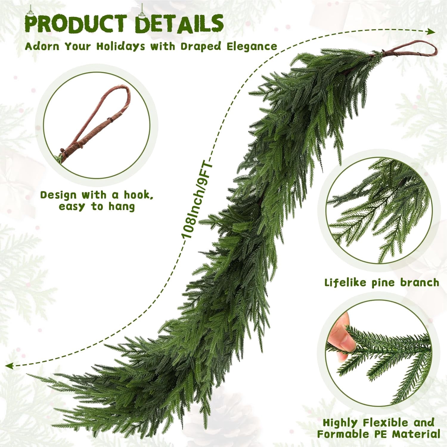 SHILIU-9FT Artificial Norfolk Pine Garland, Realistic Real Touch ...