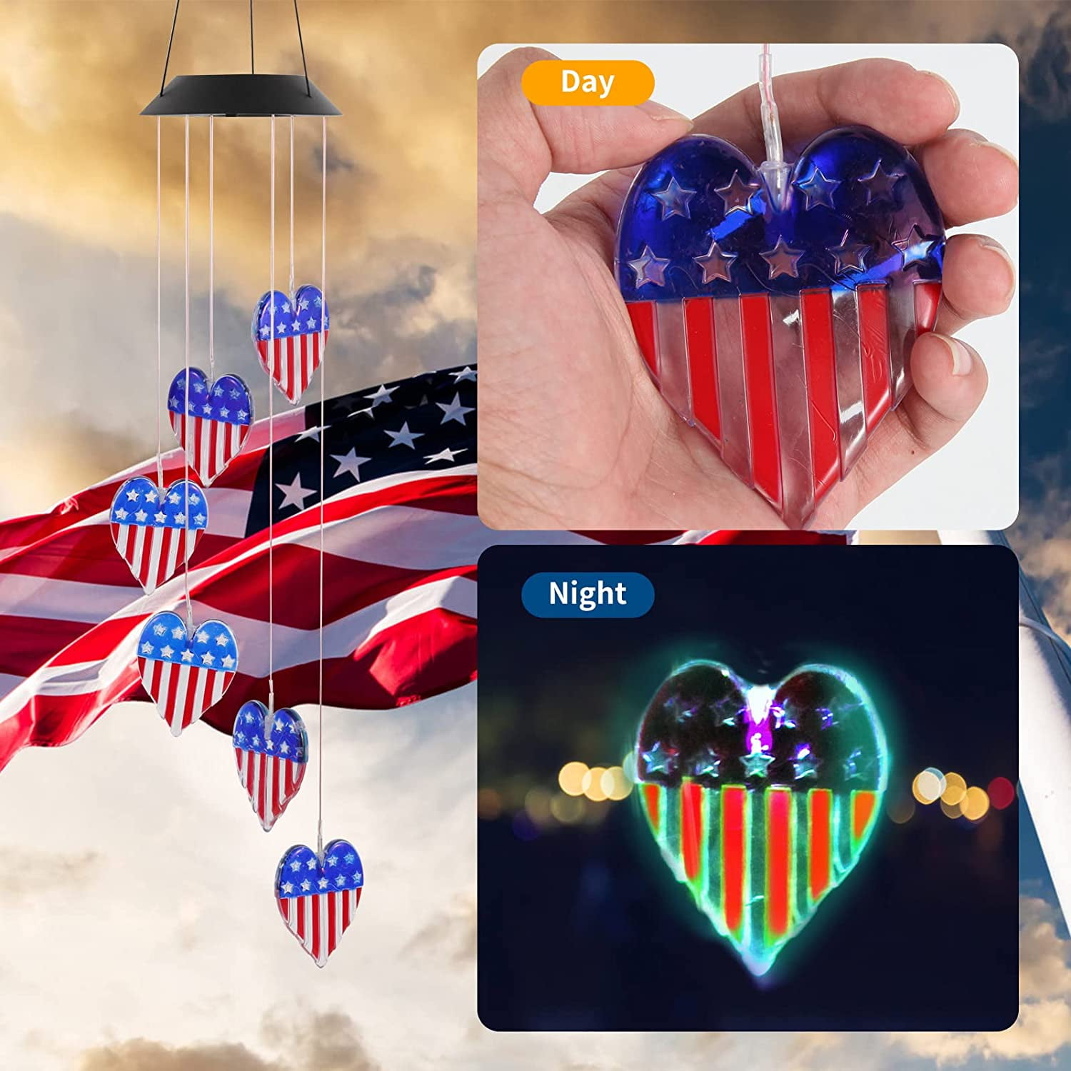 SHILIU-American Flag Solar Wind Chimes, Heart-Shaped Love Patriotic ...