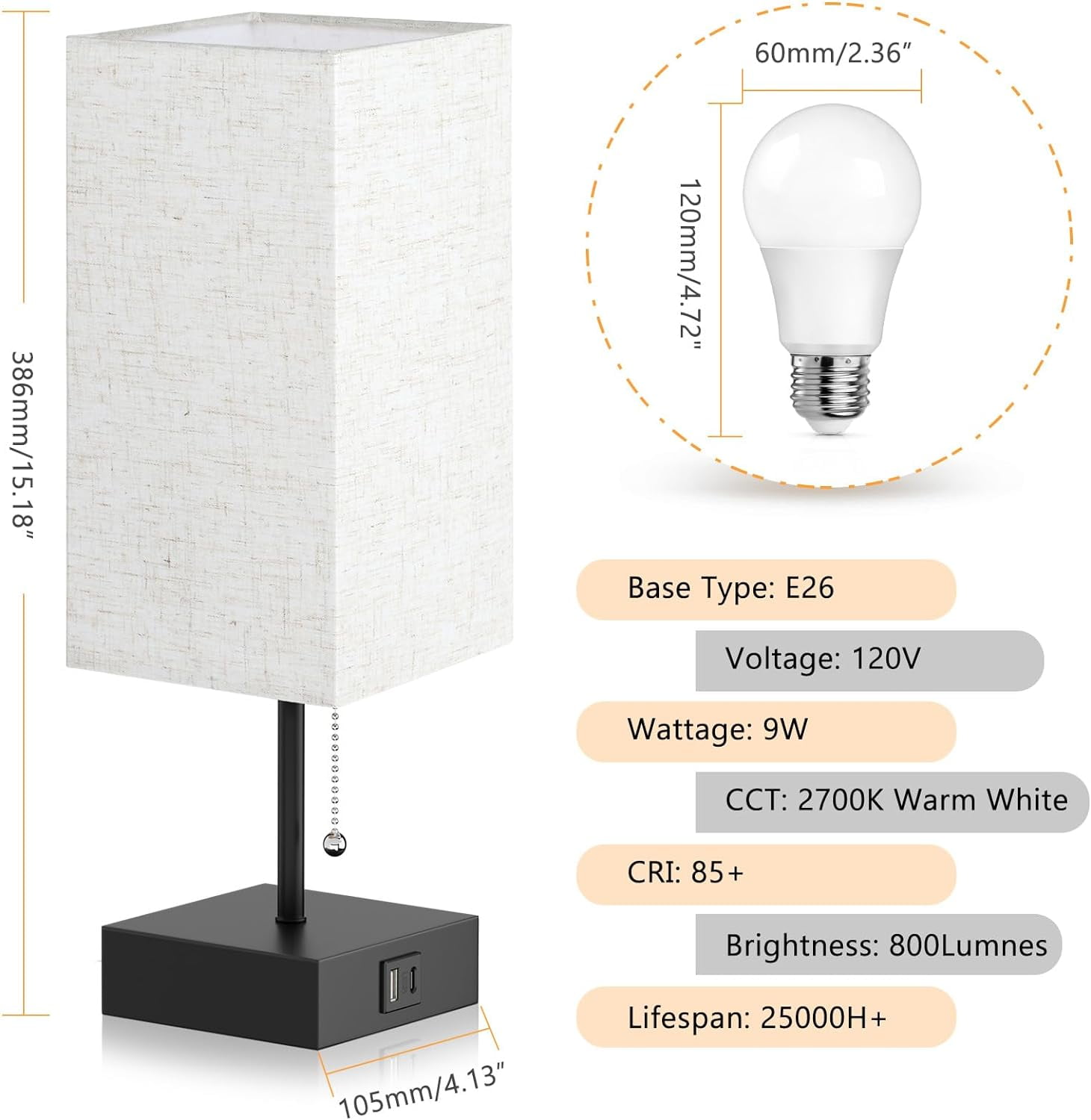SHILIU-Bedside Table Lamp, Pull Chain Bedroom Lamp with USB C+A ...