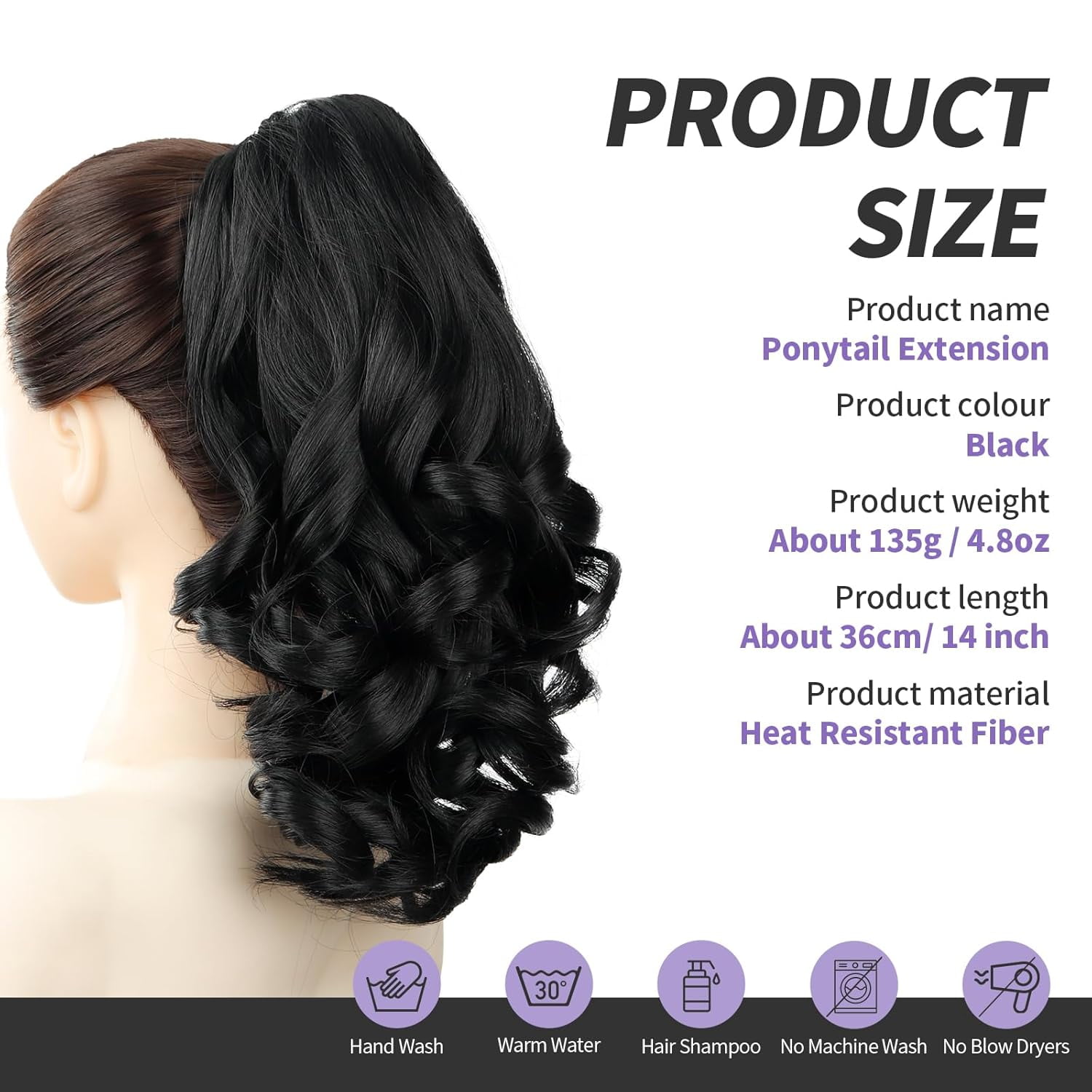 SHILIU-Black Ponytail Extension,12" Short Curly Wavy Claw Clip Pony ...