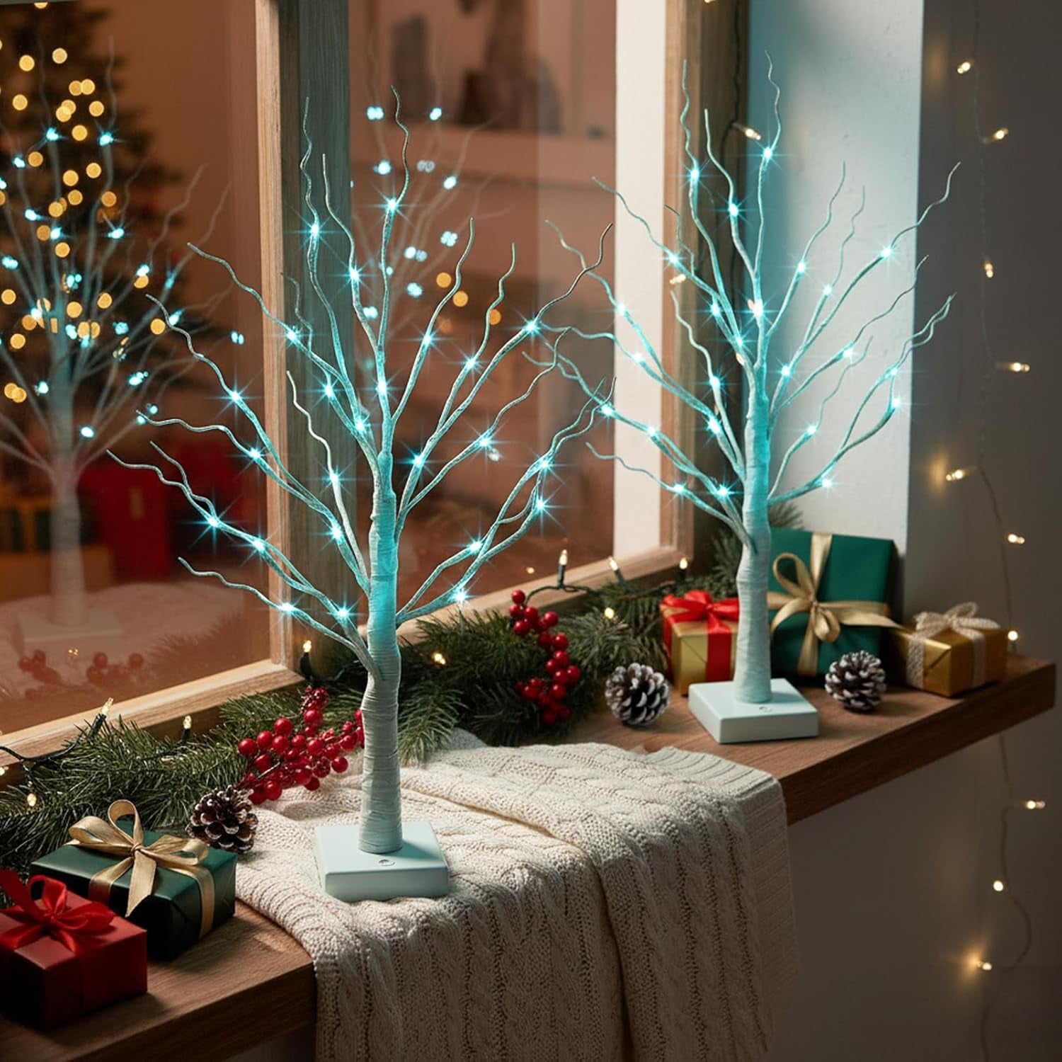 SHILIU-Blue-Green Trees Decor for Home, 2PK Tree Light Battery Powered ...