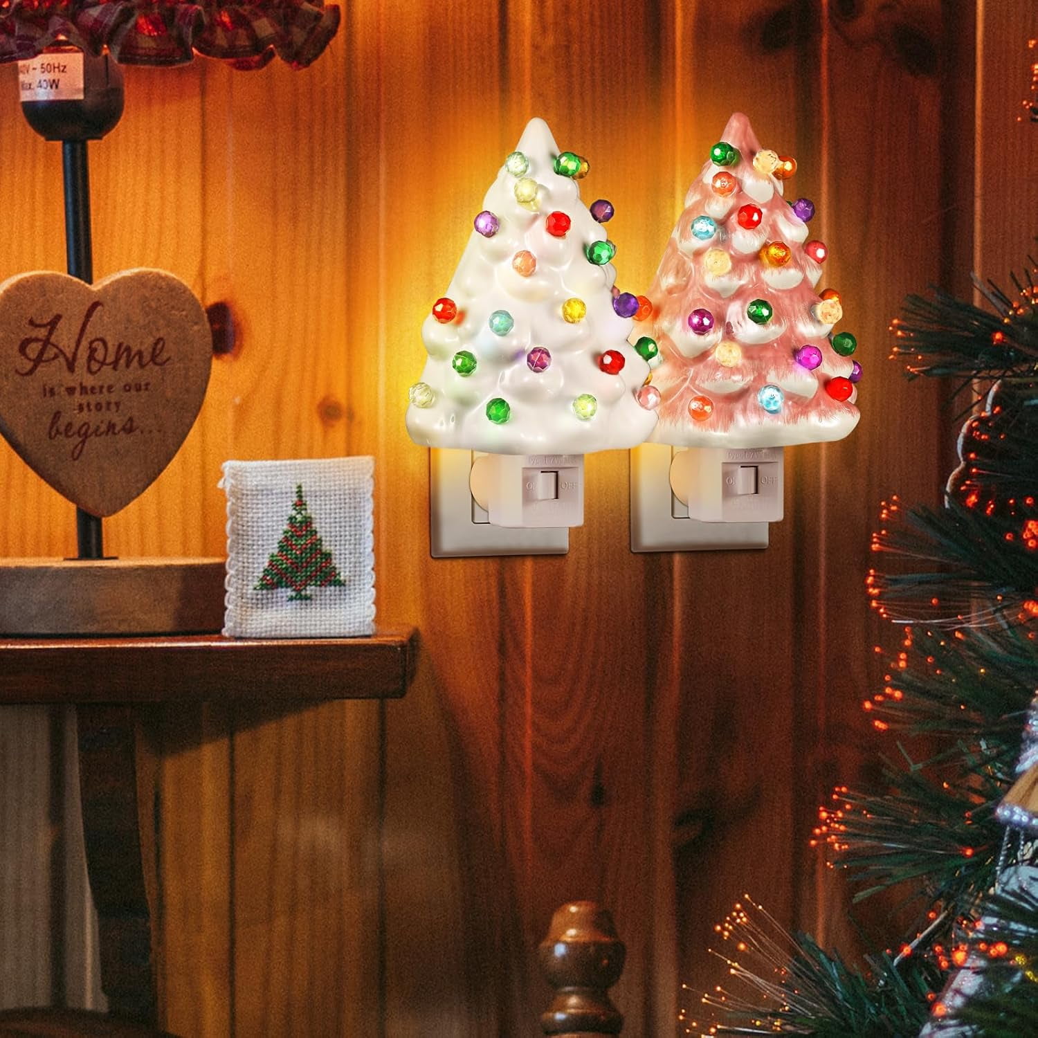 SHILIU-Ceramic Christmas Tree Night Light - 6" Nostalgic White Pink ...