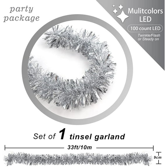 SHILIU-Christmas Prelit Tinsel Garland, 33 Ft Silver Hanging Garland ...