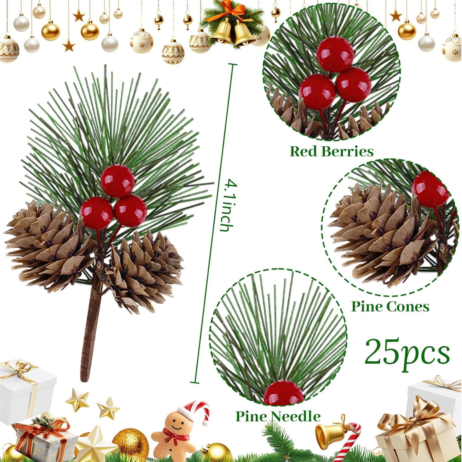 SHILIU-Christmas Simulation Pine Needles 25Pc Christmas Berry Picks and ...