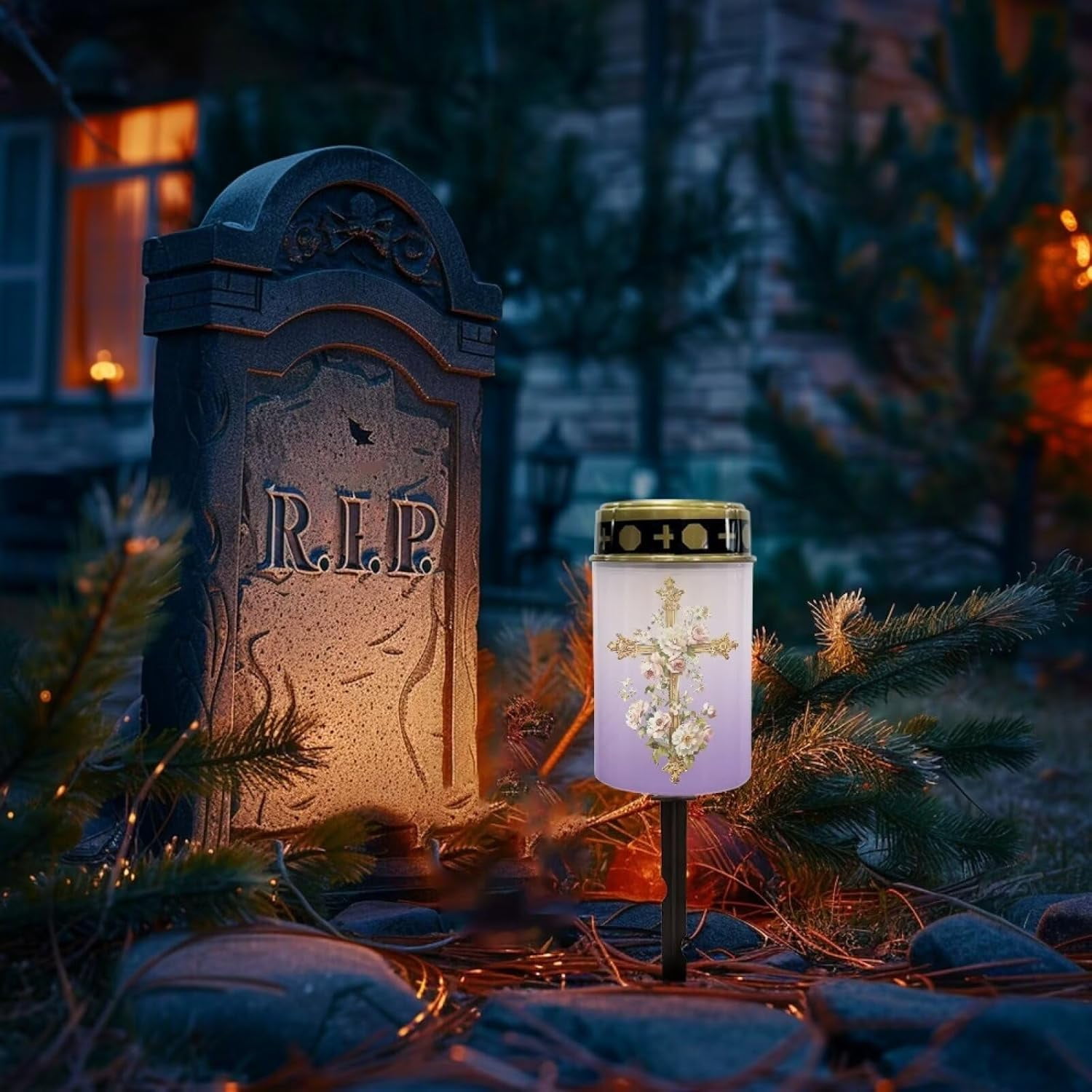 SHILIU-Cross and Floral Solar Grave Lights for Cemetery Flameless Solar ...