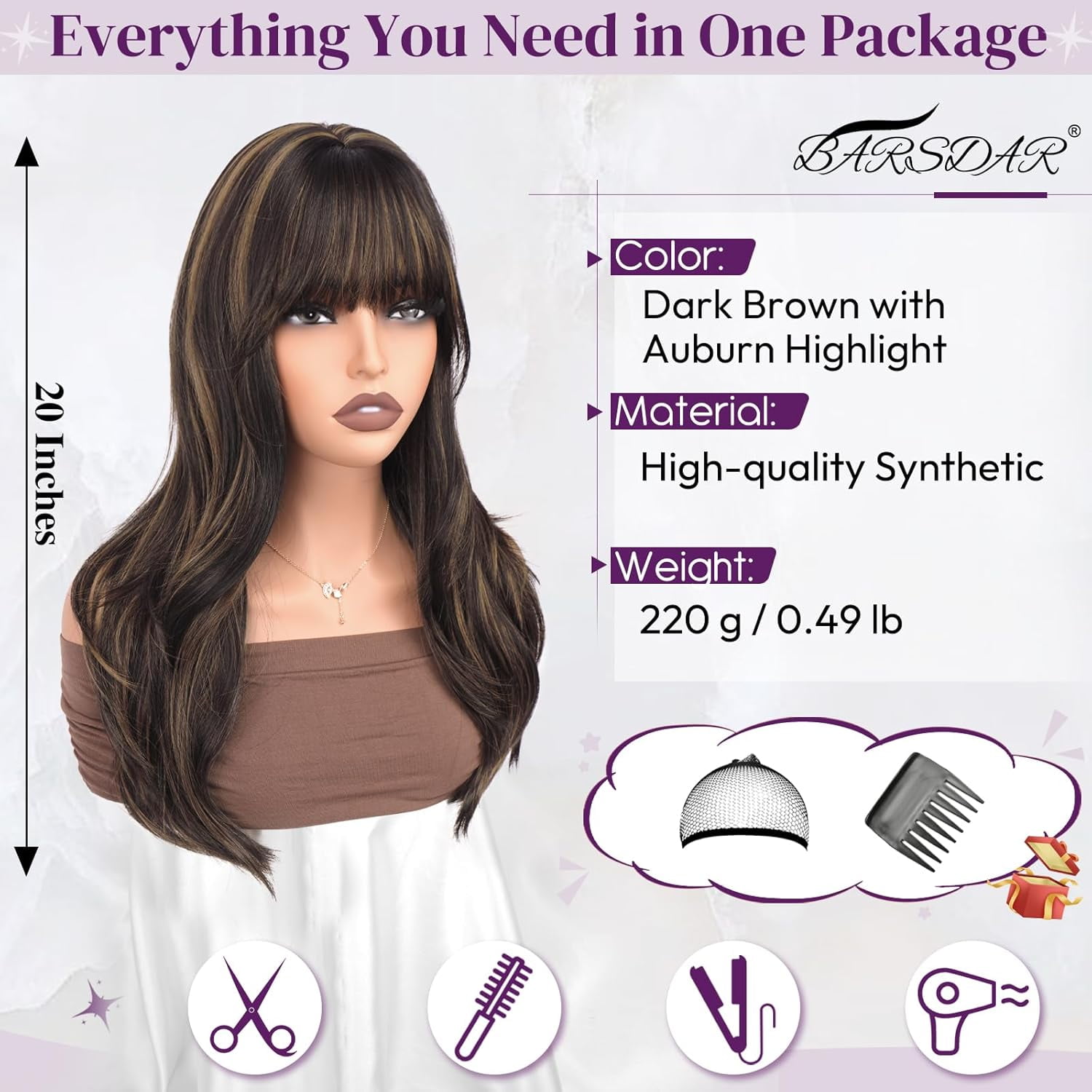 SHILIU-Dark Brown Mix Auburn Highlight Layered Wig with Bangs - 20 Inch ...