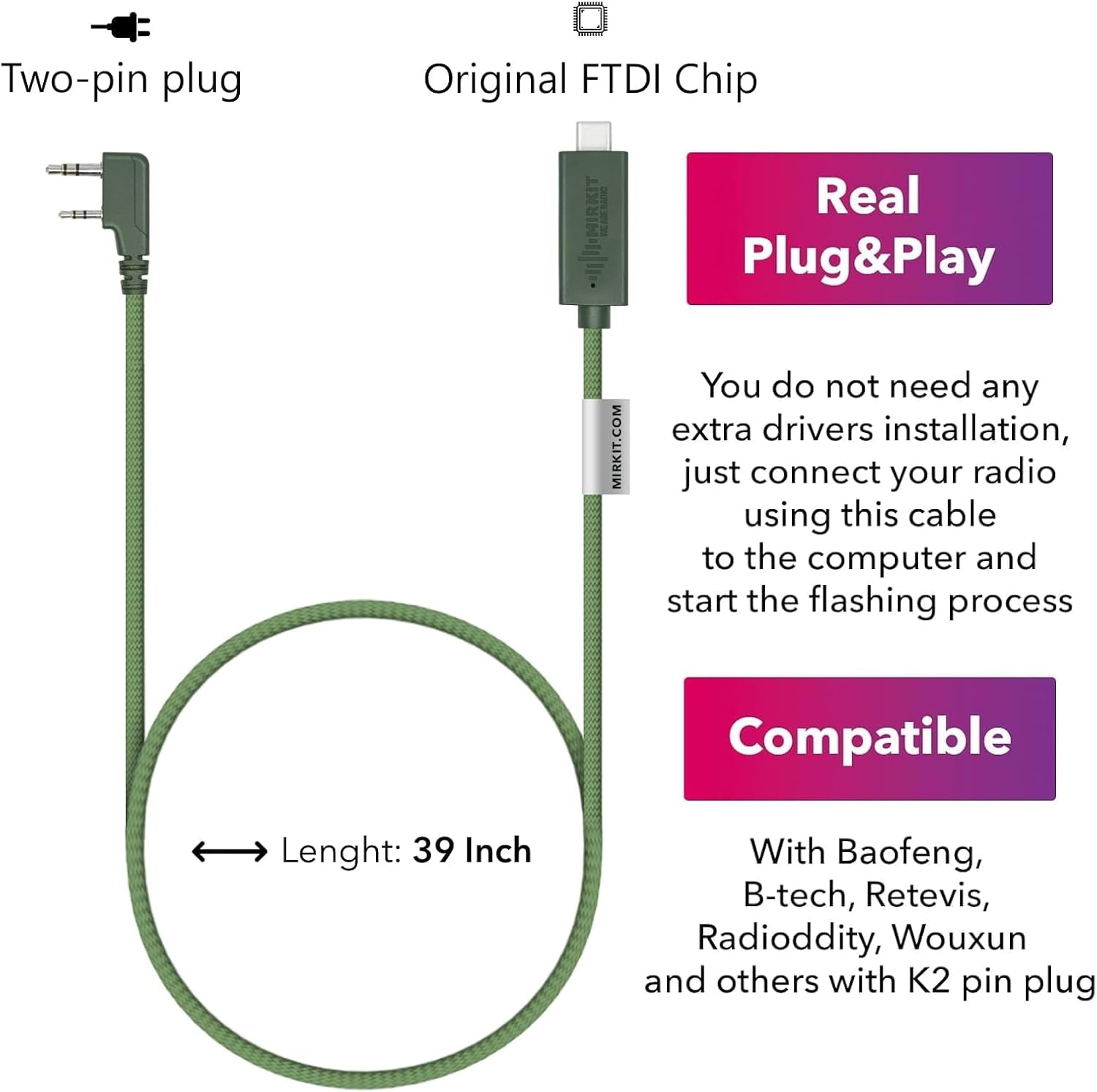 SHILIU-FTDI USB-C Baofeng Programming Cable Green for Flashing Analogue ...