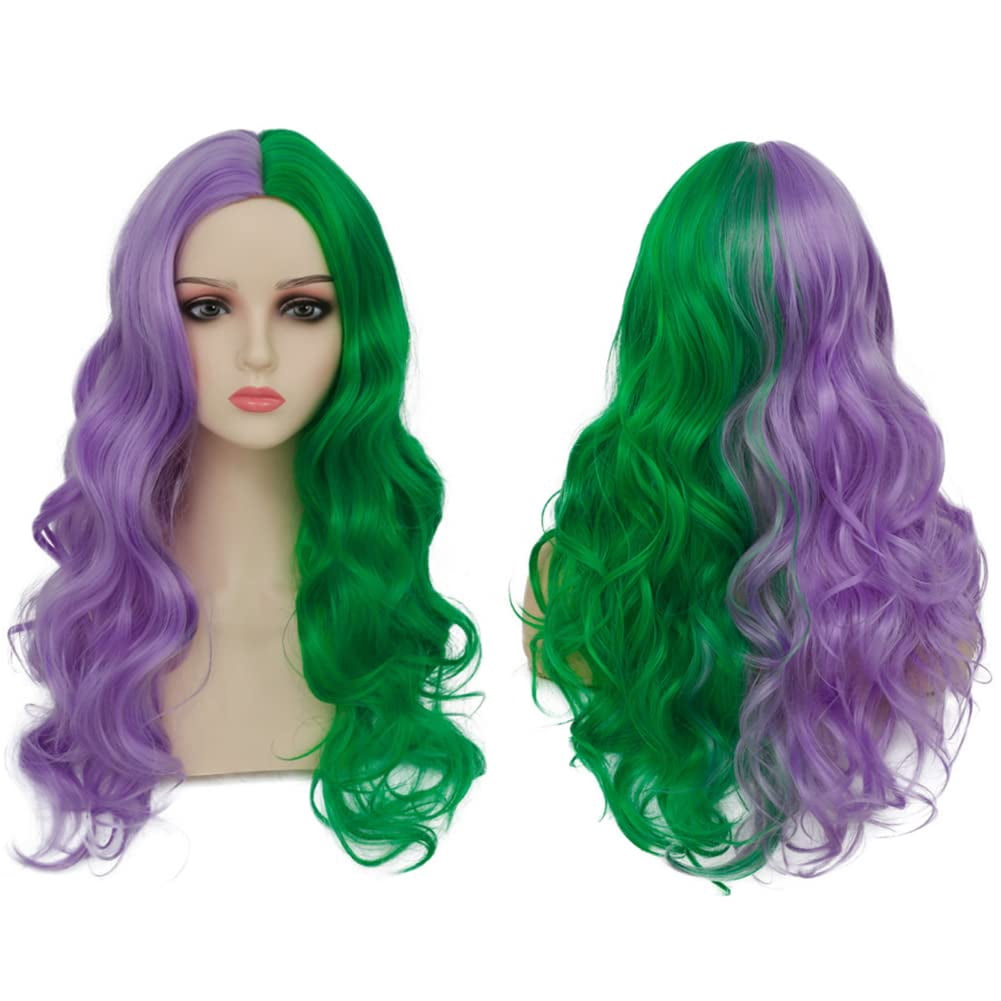 SHILIU-Half Purple and Half Green Curly Wigs for Women Long Middle Part ...