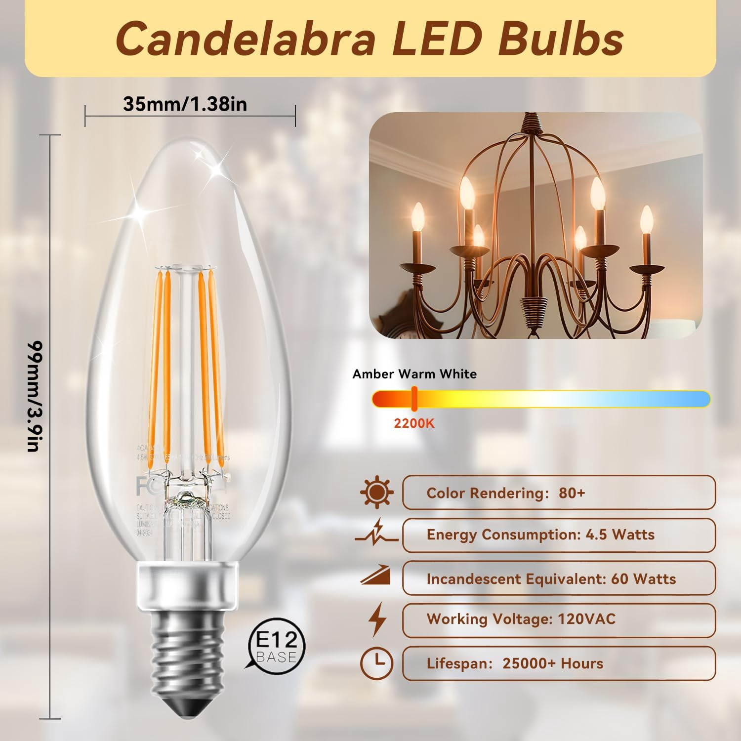 SHILIU-LED Candelabra Bulbs Dimmable, 60W Equivalent Chandelier Light ...