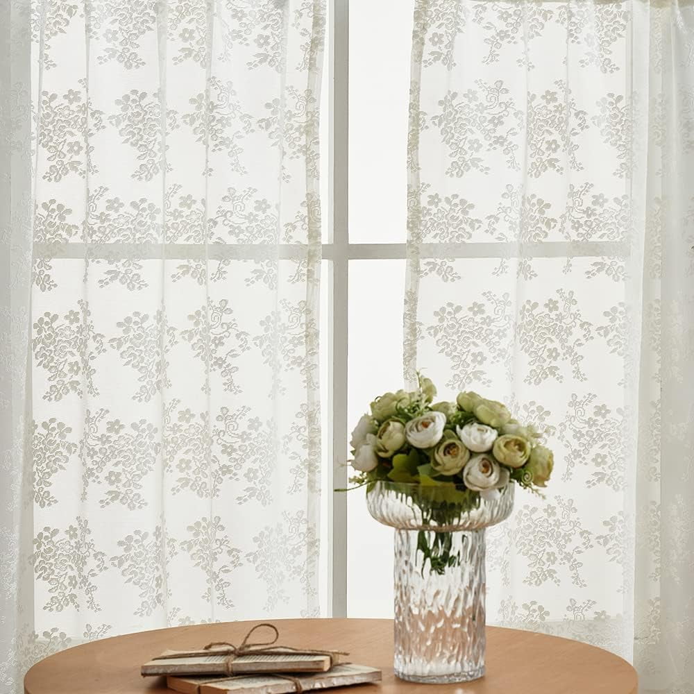 SHILIU-Lace Curtains - 36 Inch Length Ivory Country Cafe Sheer Tier ...