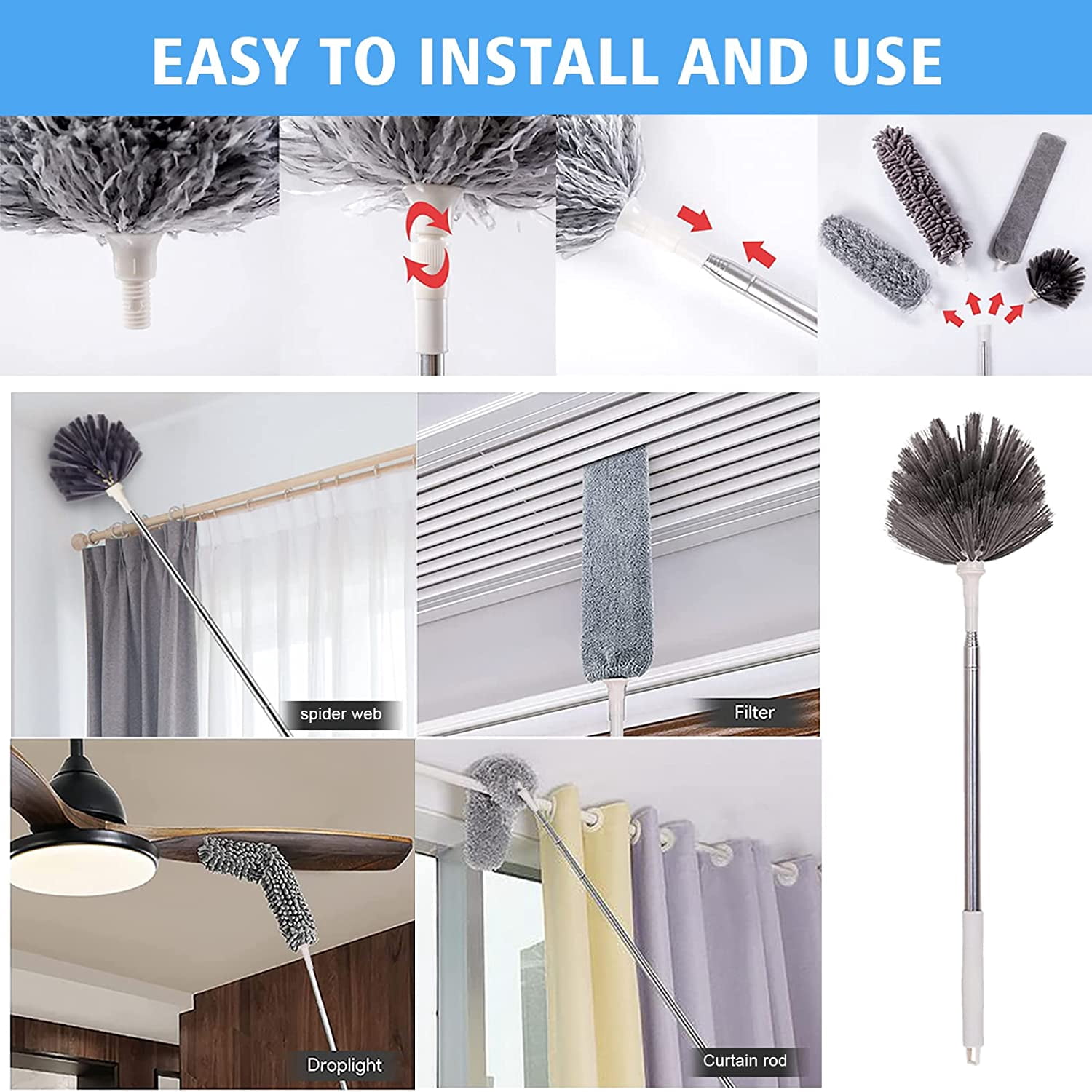 SHILIU-Microfiber Feather Duster 5-in-1 Kit, Dusters for Cleaning ...