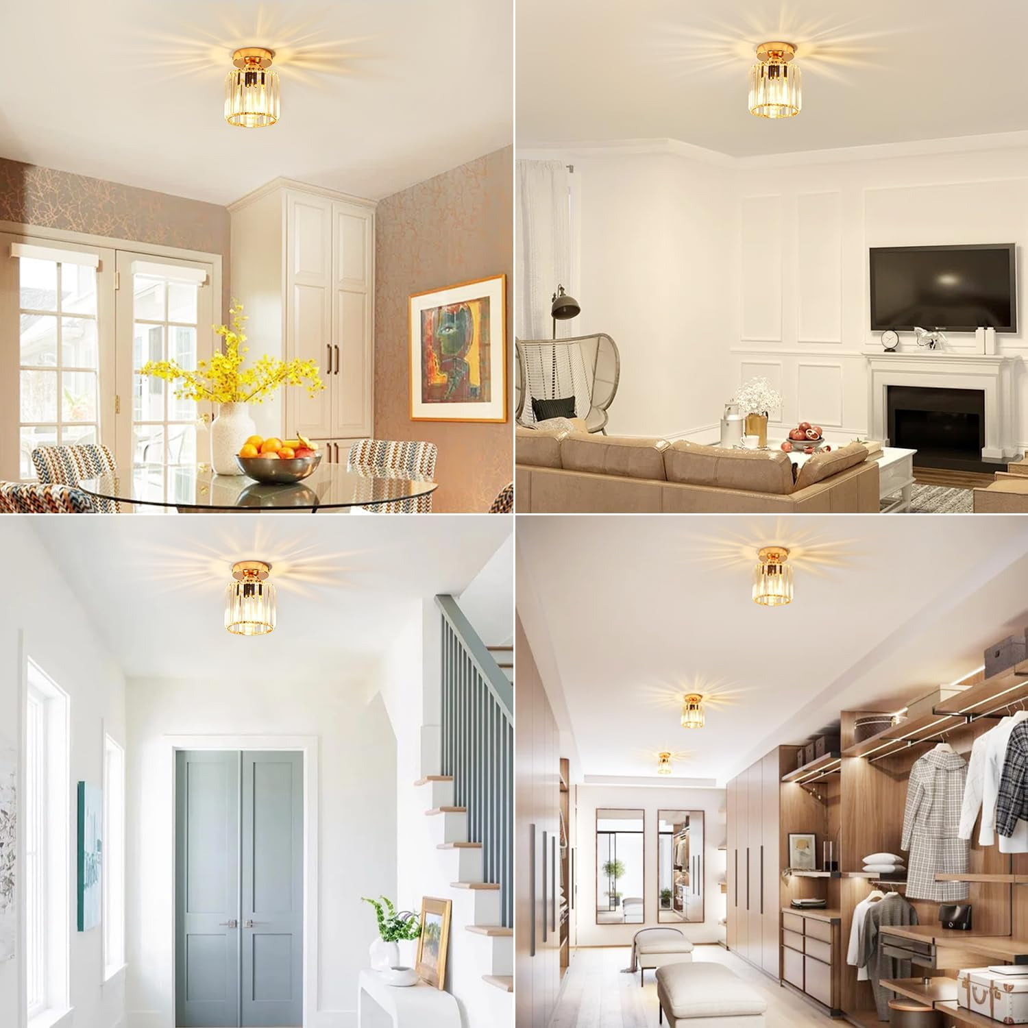 SHILIU-Mini Crystal Semi Flush Mount Ceiling Light Fixture, Gold ...