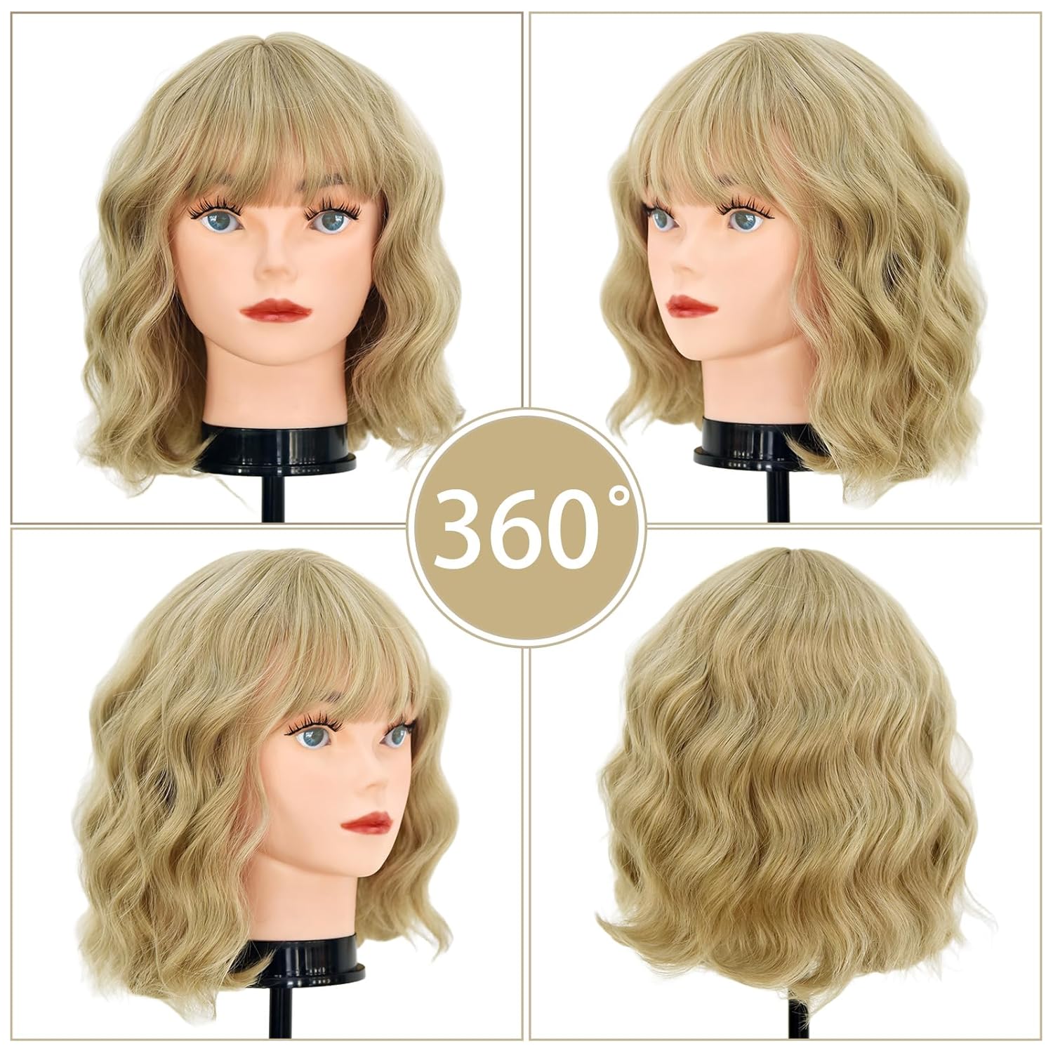 SHILIU-Mix Blonde Short Wig With Bangs Curly Wavy Bob Wigs for Women ...