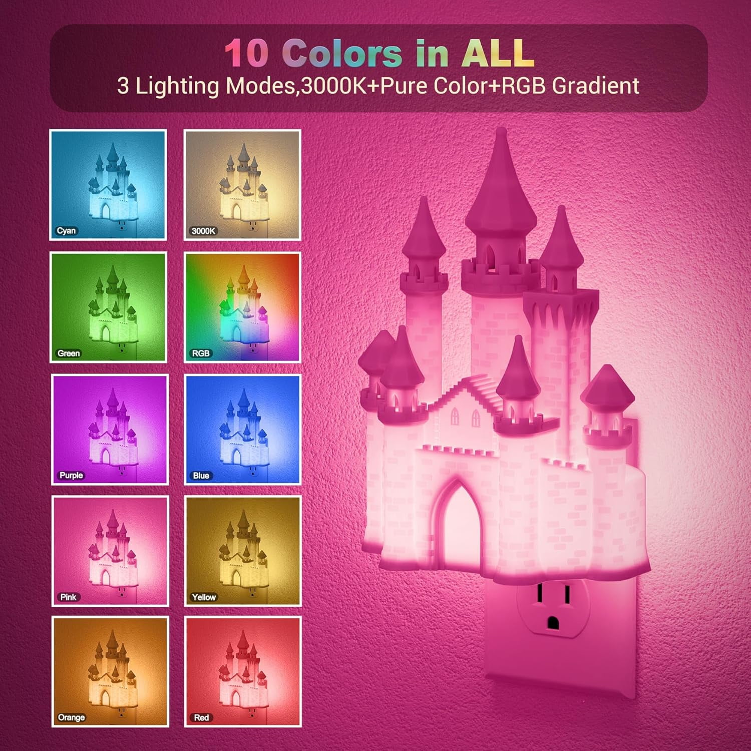 SHILIU-Night Lights Plug into Wall,3D Printed Castle RGB Night Light,10 ...