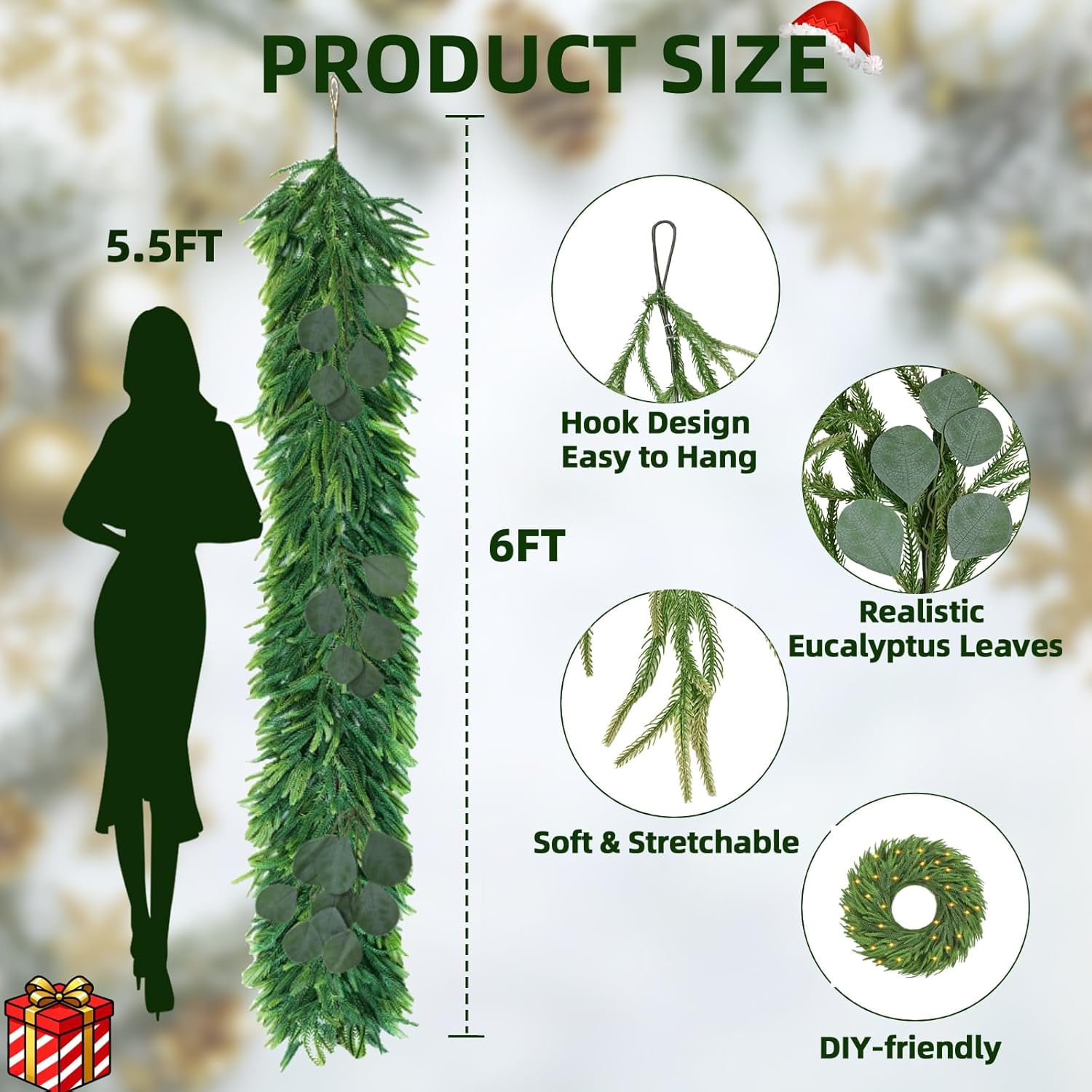 SHILIU-Norfolk Pine Garland with Lights, 6 Ft Faux Garlands with ...