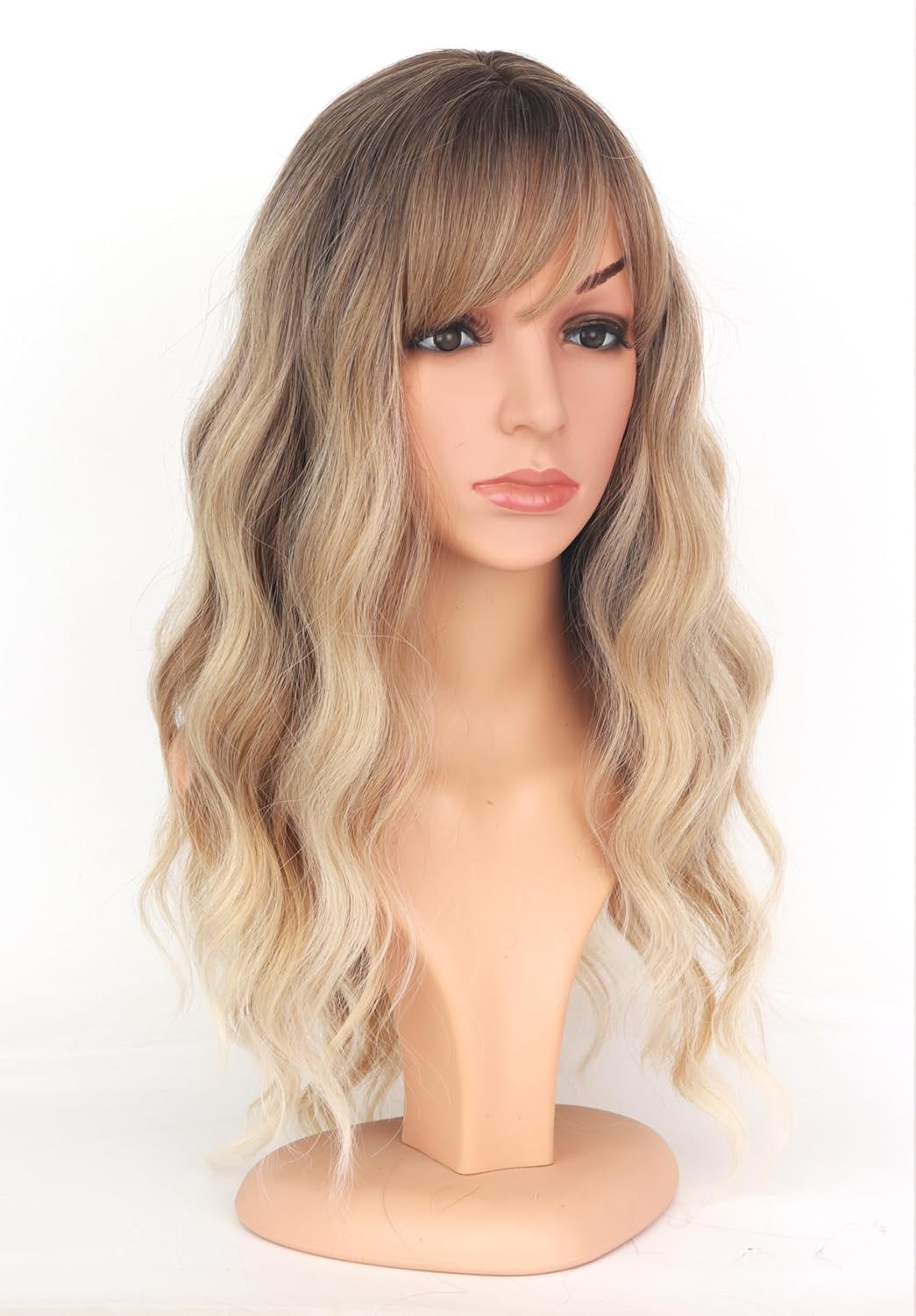 SHILIU-Ombre Dirty Blonde Wavy Wigs With Bangs For Women Medium Long ...