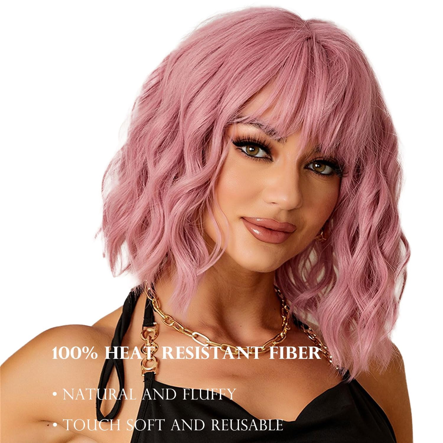 SHILIU-Pastel Pink Wavy Bob Wig for Women, Short Shoulder Length ...