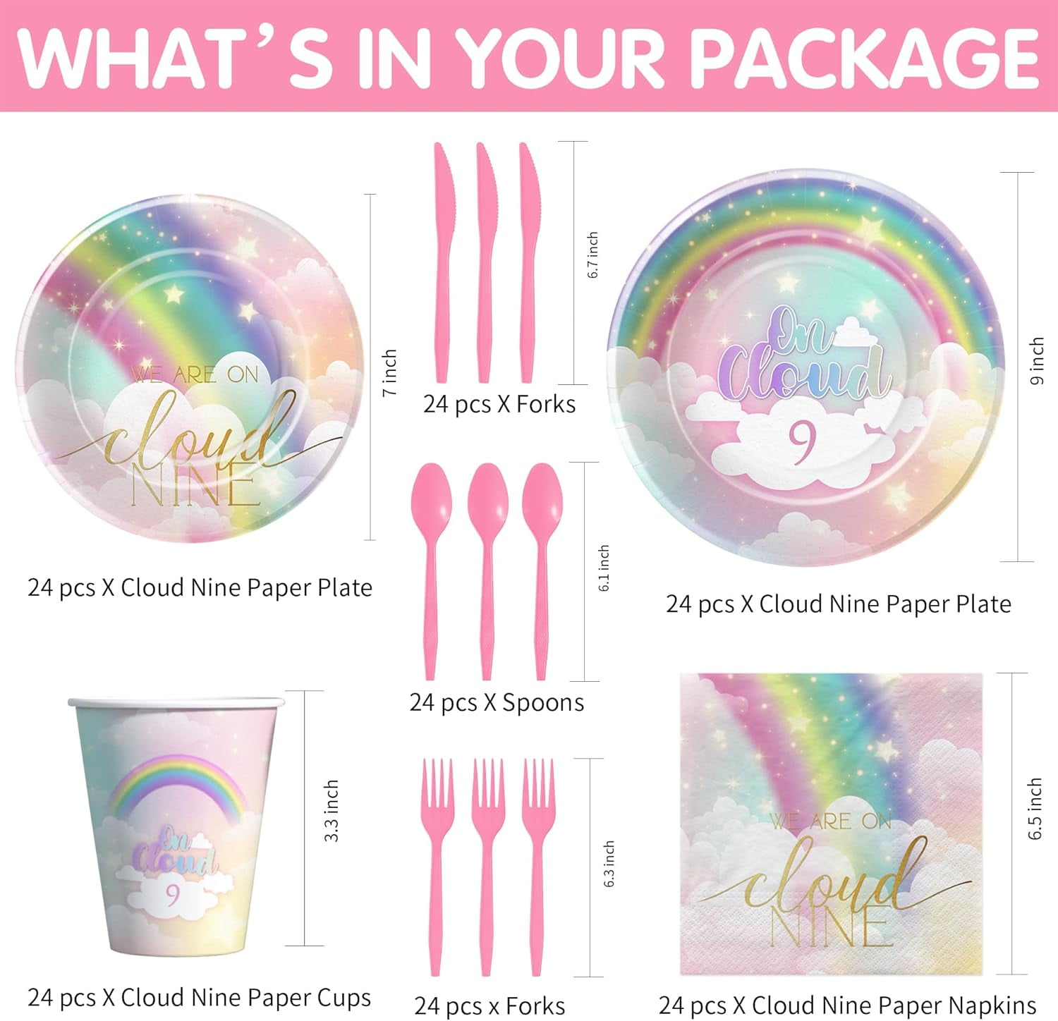 SHILIU-Pastel Rainbow Cloud 9 Birthday Decorations for Girls Tableware ...