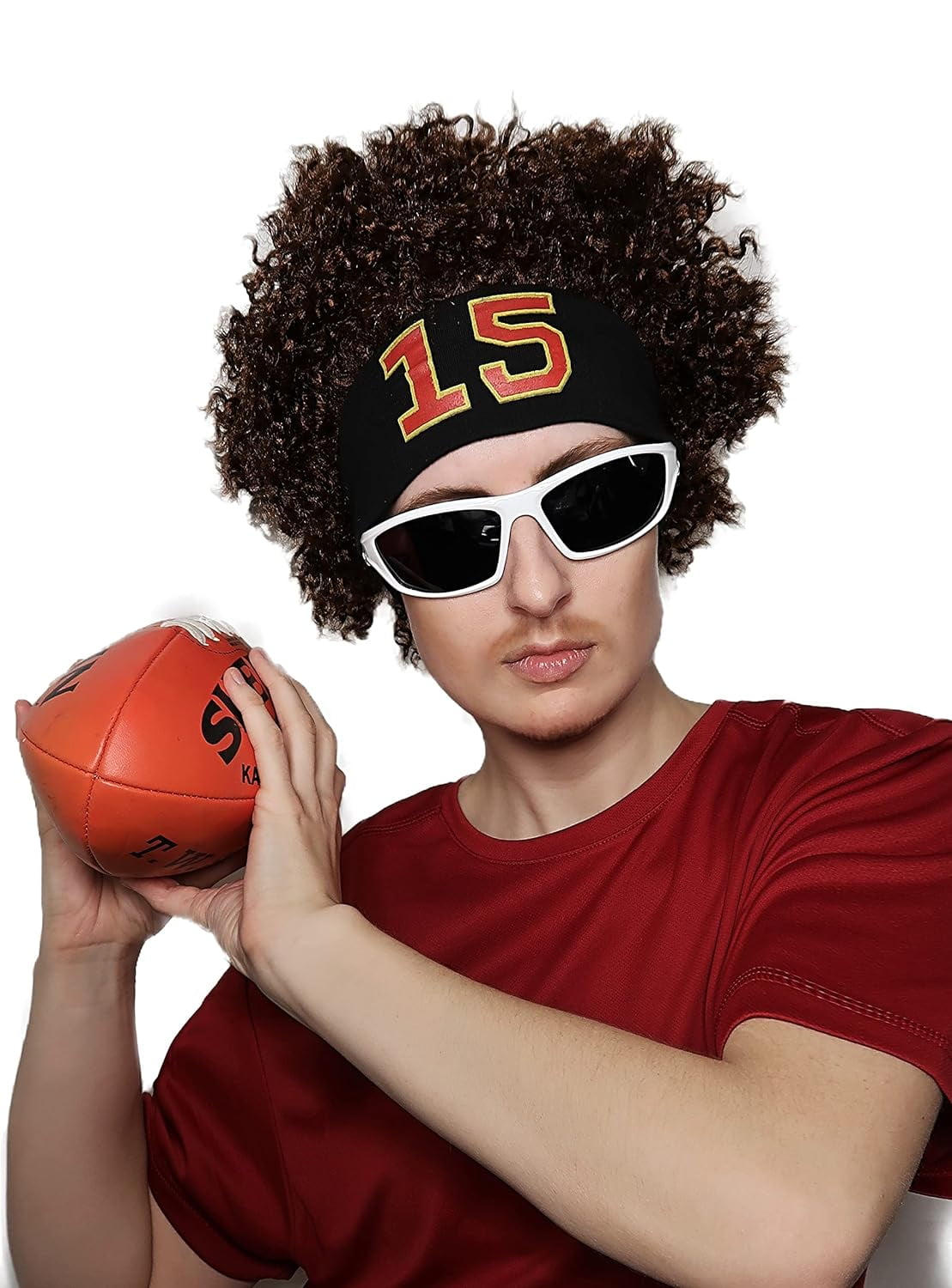 SHILIU-- Patrick Mahomes Wig + Sweatband 100% Realistic Curly Brown Wig ...